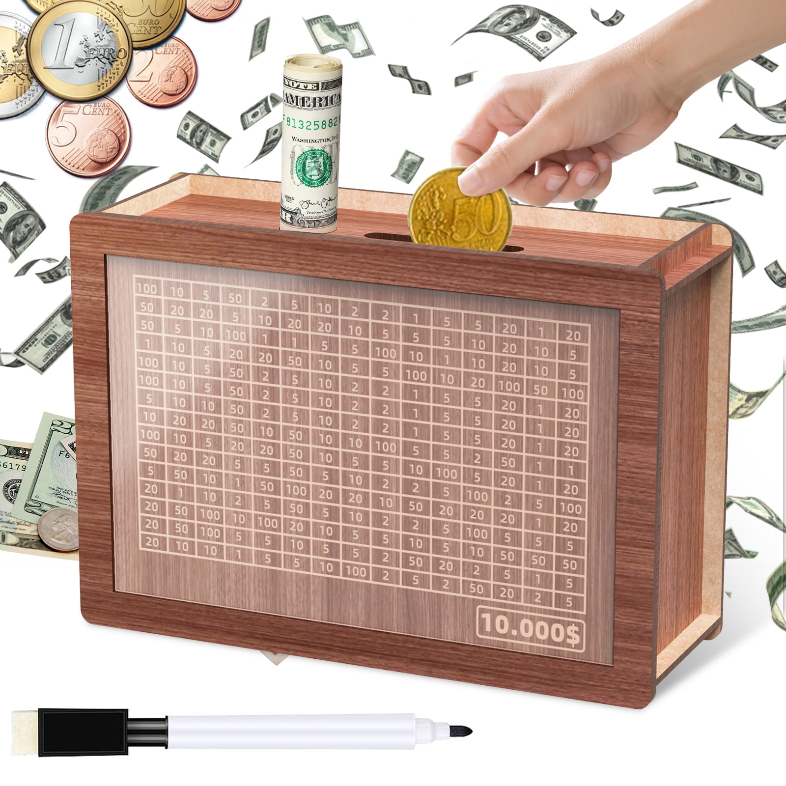 Cash Vault Wooden Savings Box, Money Piggy Bank for Adults Kids, Wooden ...