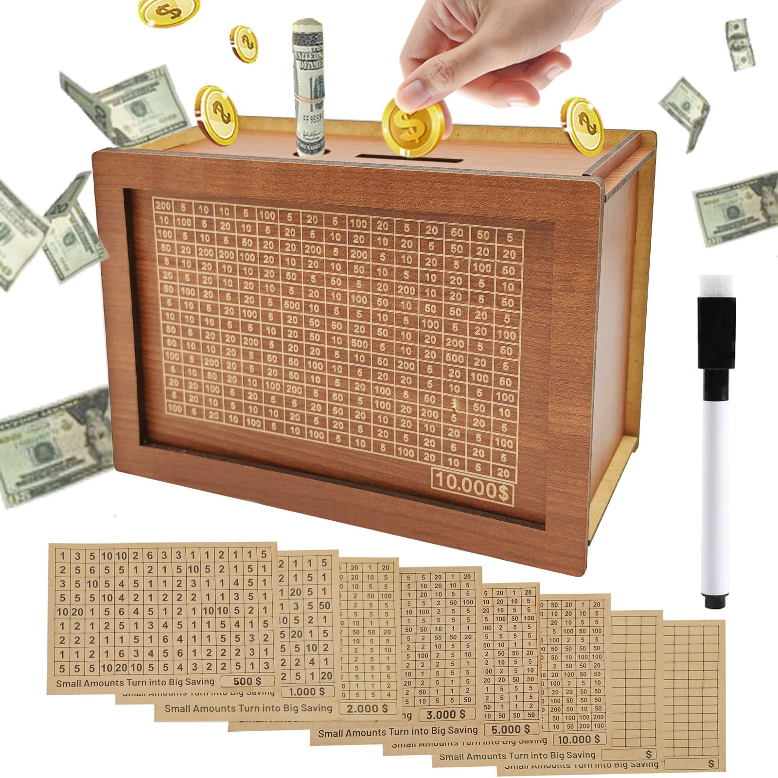 Cash Vault Wooden Savings Box,Reusable Wooden Cash Saver Money Box with ...