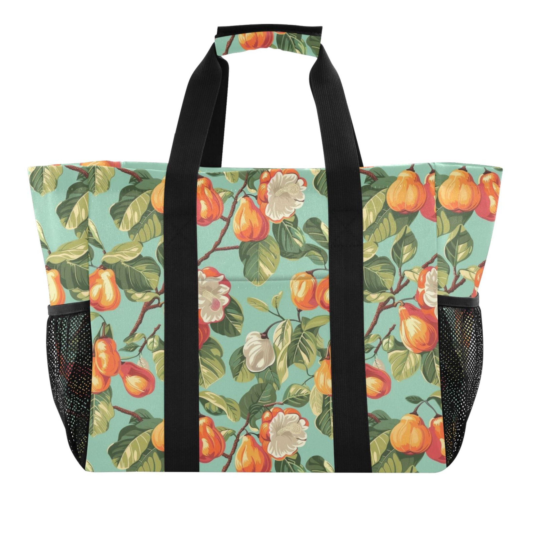Cashew Fruit with Leaves Reusable Grocery Bags with Handle Side Pocket ...