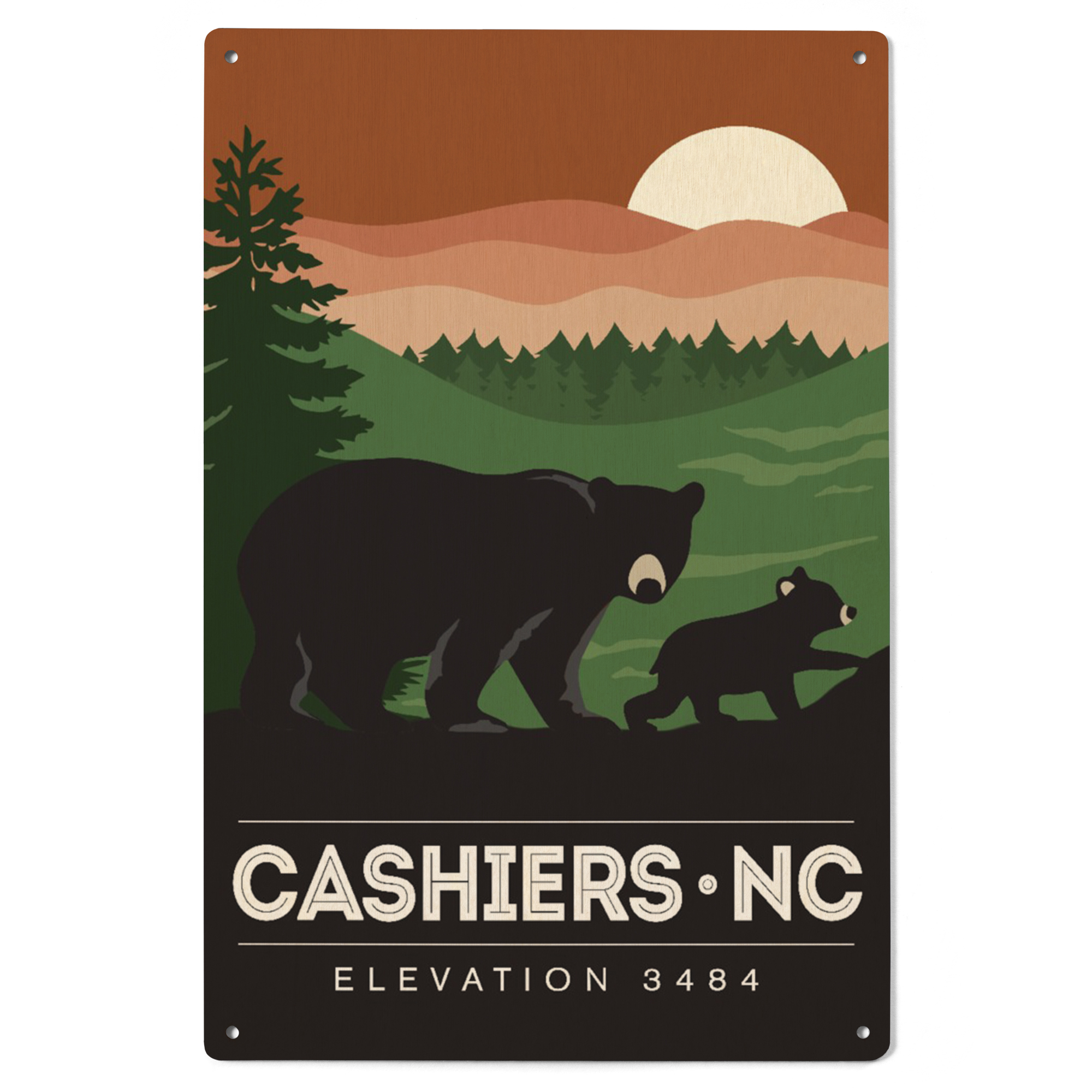 Cashiers, North Carolina, Vector Bear Family Birch Wood Wall Sign (6x9 ...