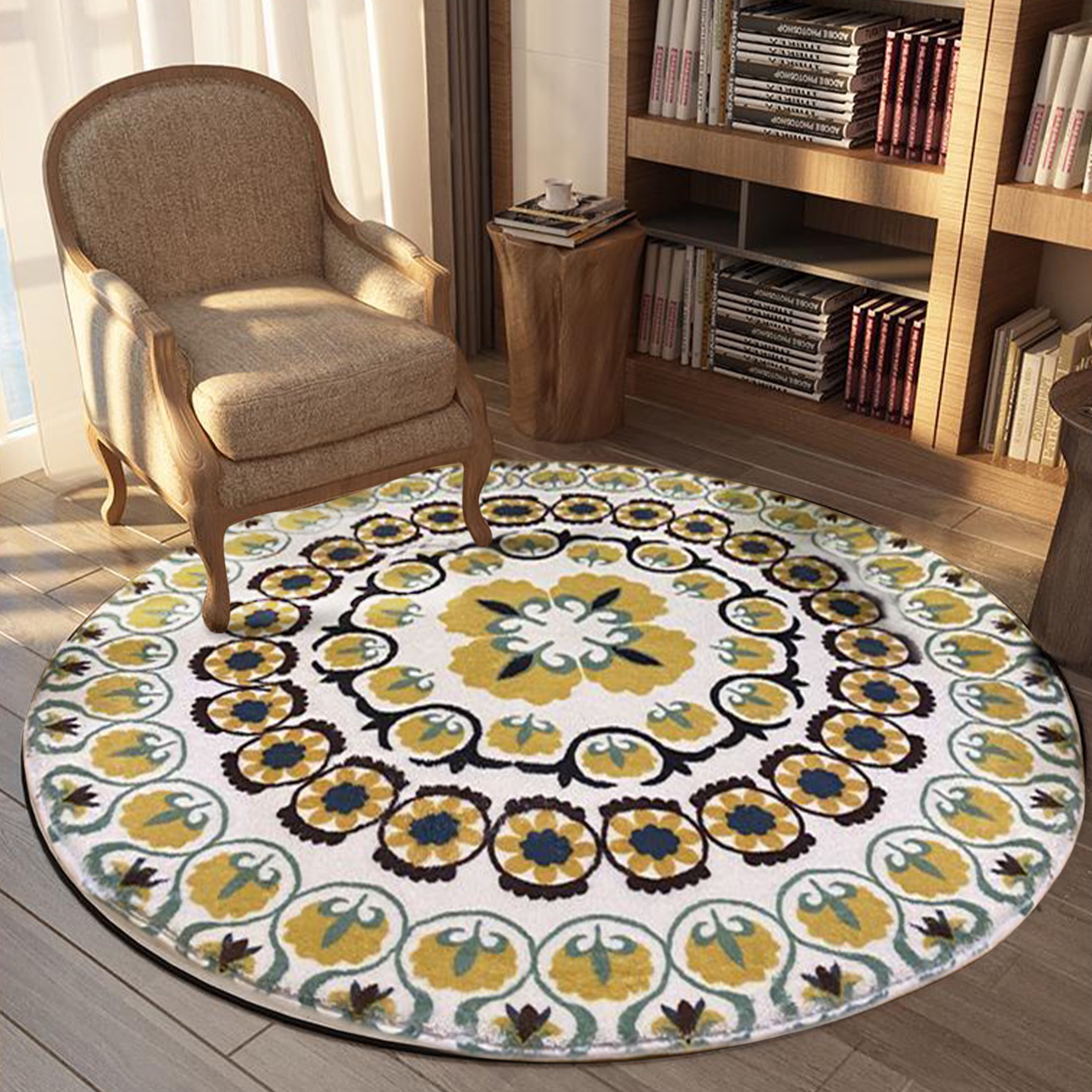FuLanDe Cashmere Imitation Round Rug, 60cm Yellow Retro Design Low-Pile ...