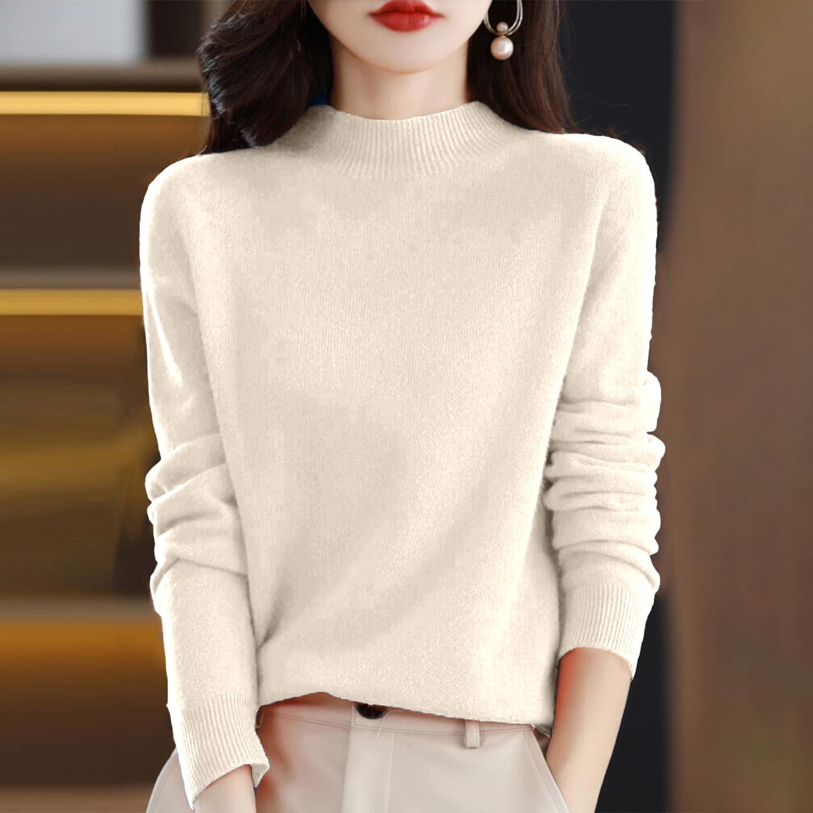 Merino Wool Sweaters for Women Long Sleeve Mock Neck Loose Pullover ...