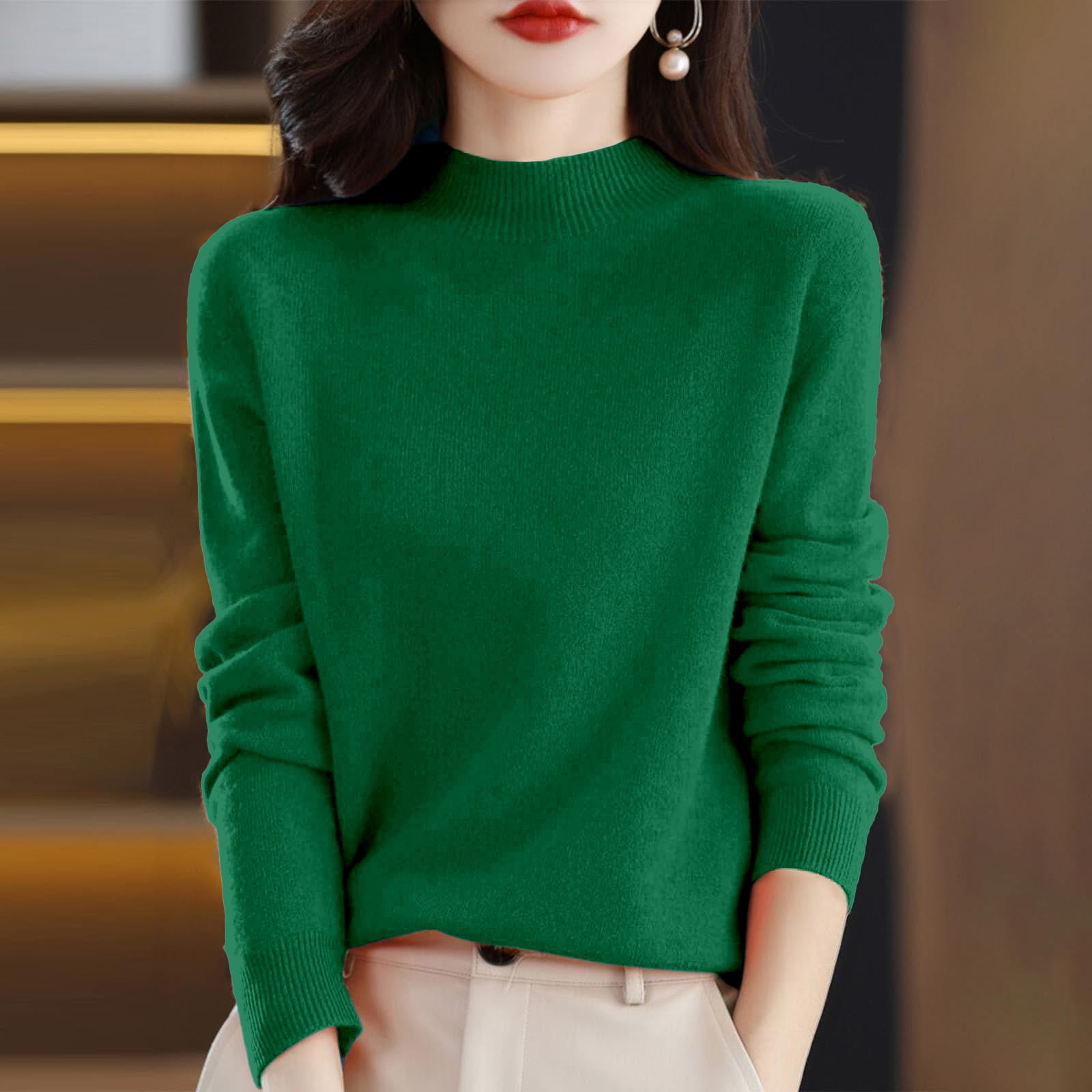 Merino Wool Sweaters for Women Long Sleeve Mock Neck Loose Pullover ...