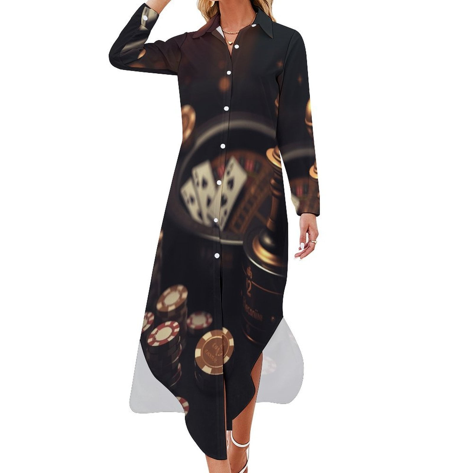 Casino Gambler Poker Pattern Casual Dress V Neck Chiffon Dress Long ...