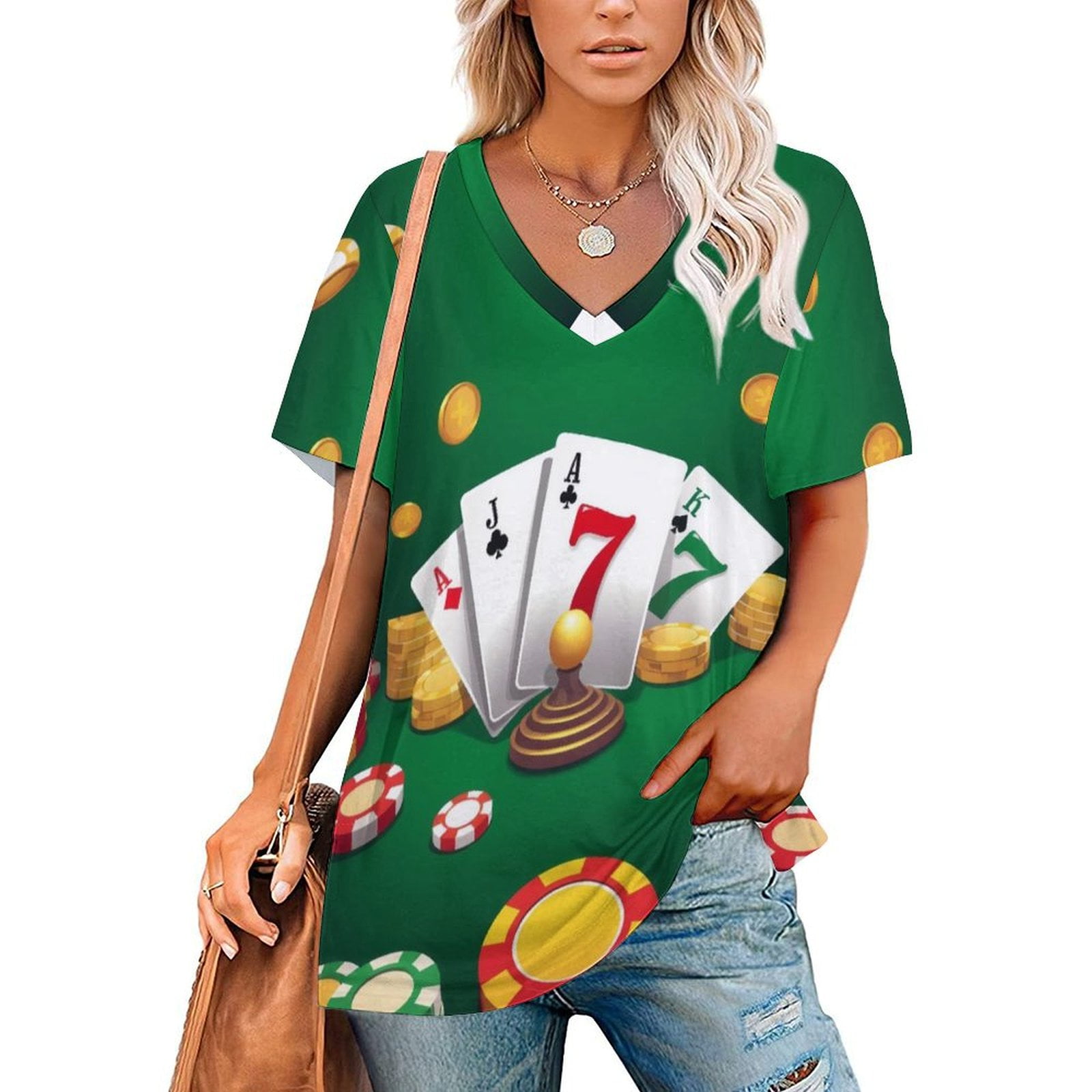 Casino Gambler Poker Pattern V Neck Fashion Oversize T-Shirt Short ...