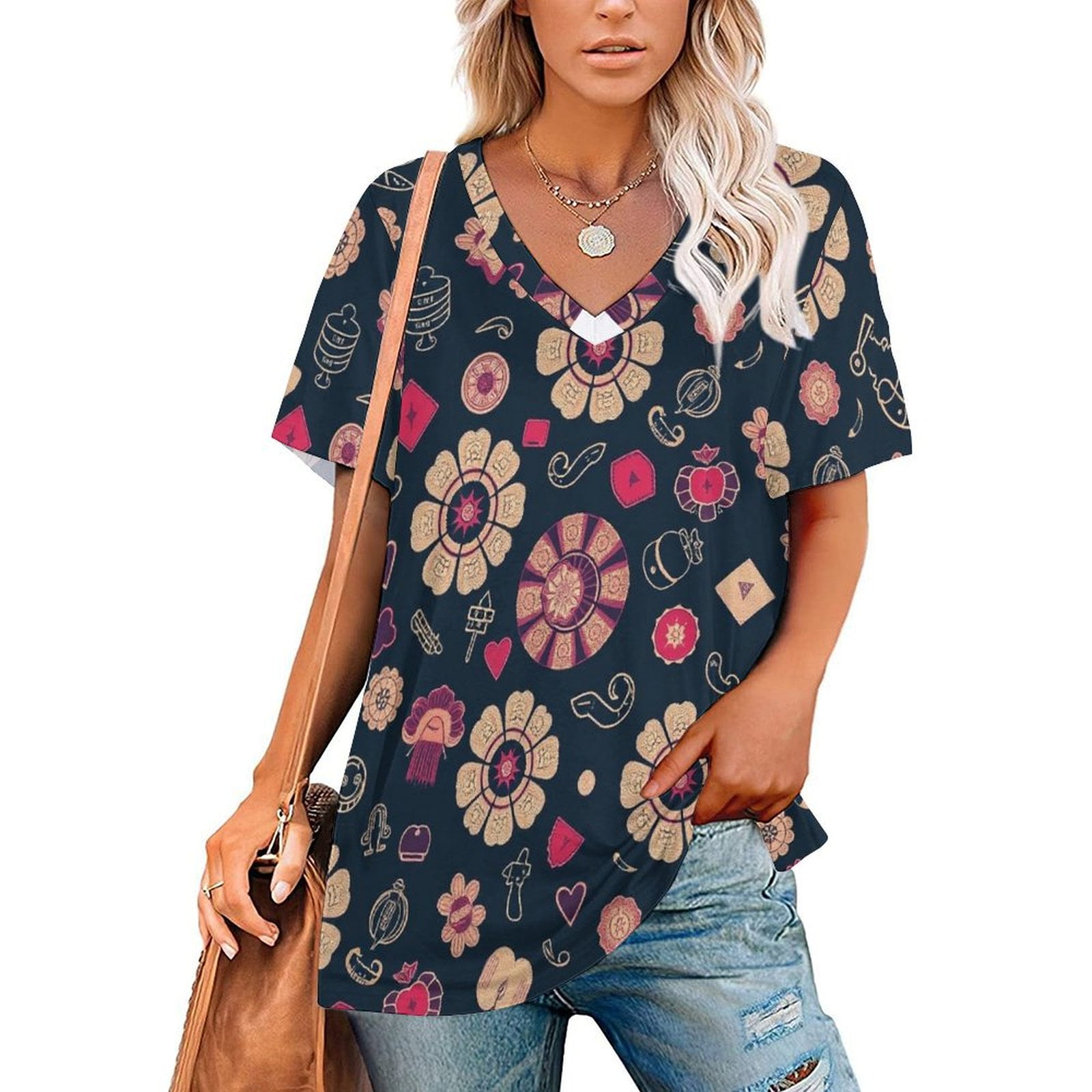 Casino Gambler Poker Pattern V Neck Fashion Oversize T-Shirt Short ...