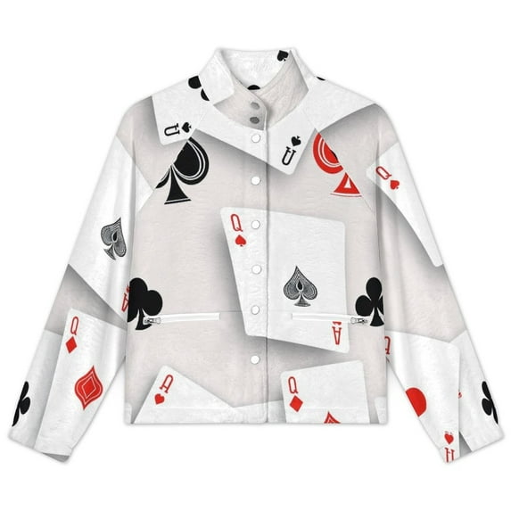 Casino Gambler Poker Pattern Warm Women's Plush Jacket Stand Collar ...