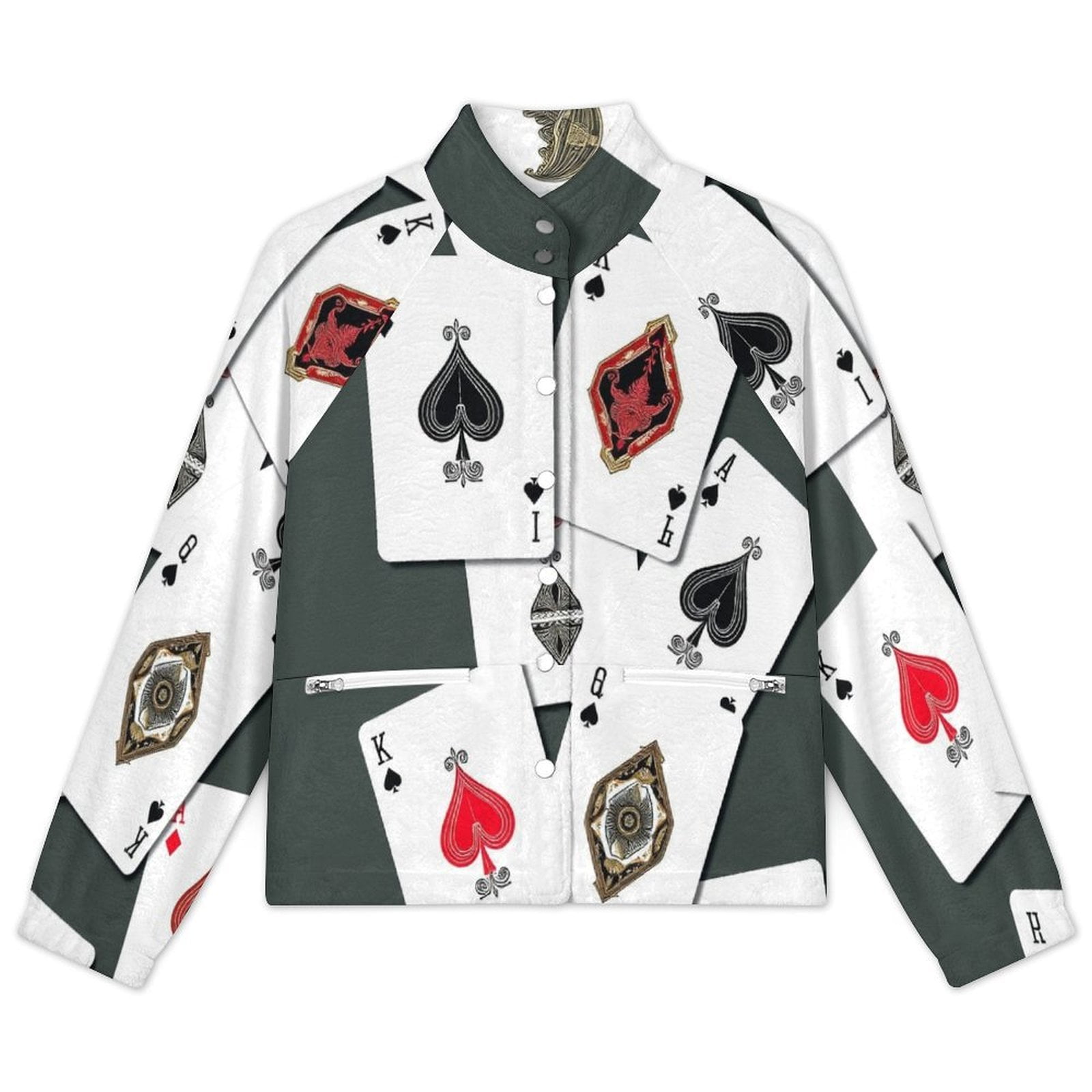 Casino Gambler Poker Pattern Warm Women's Plush Jacket Stand Collar ...