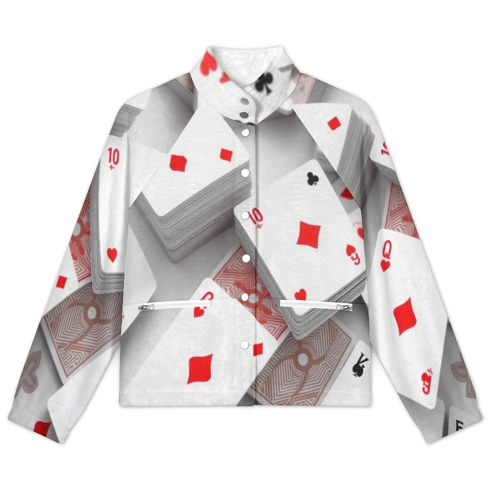 Casino Gambler Poker Pattern Warm Women's Plush Jacket Stand Collar ...