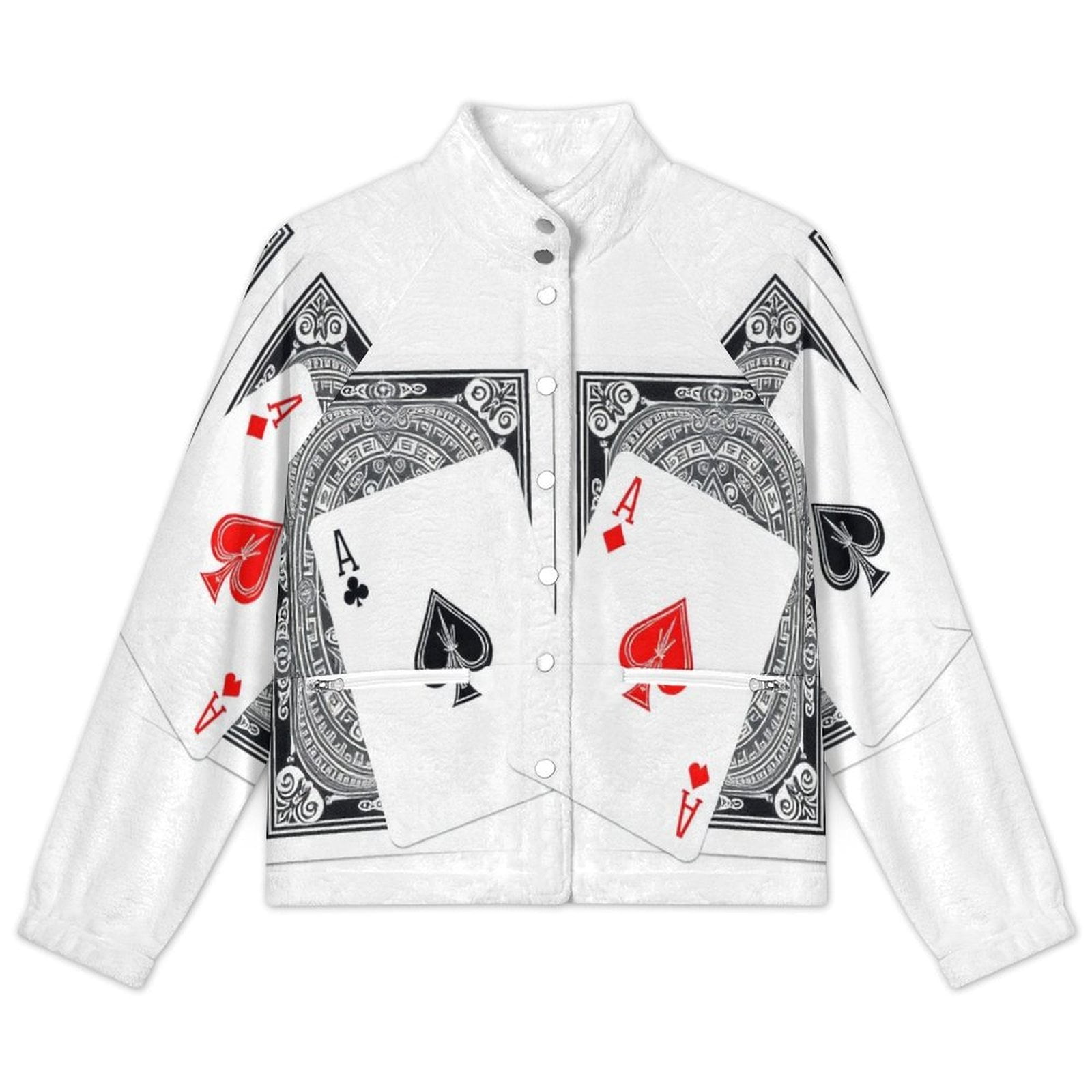 Casino Gambler Poker Pattern Warm Women's Plush Jacket Stand Collar ...
