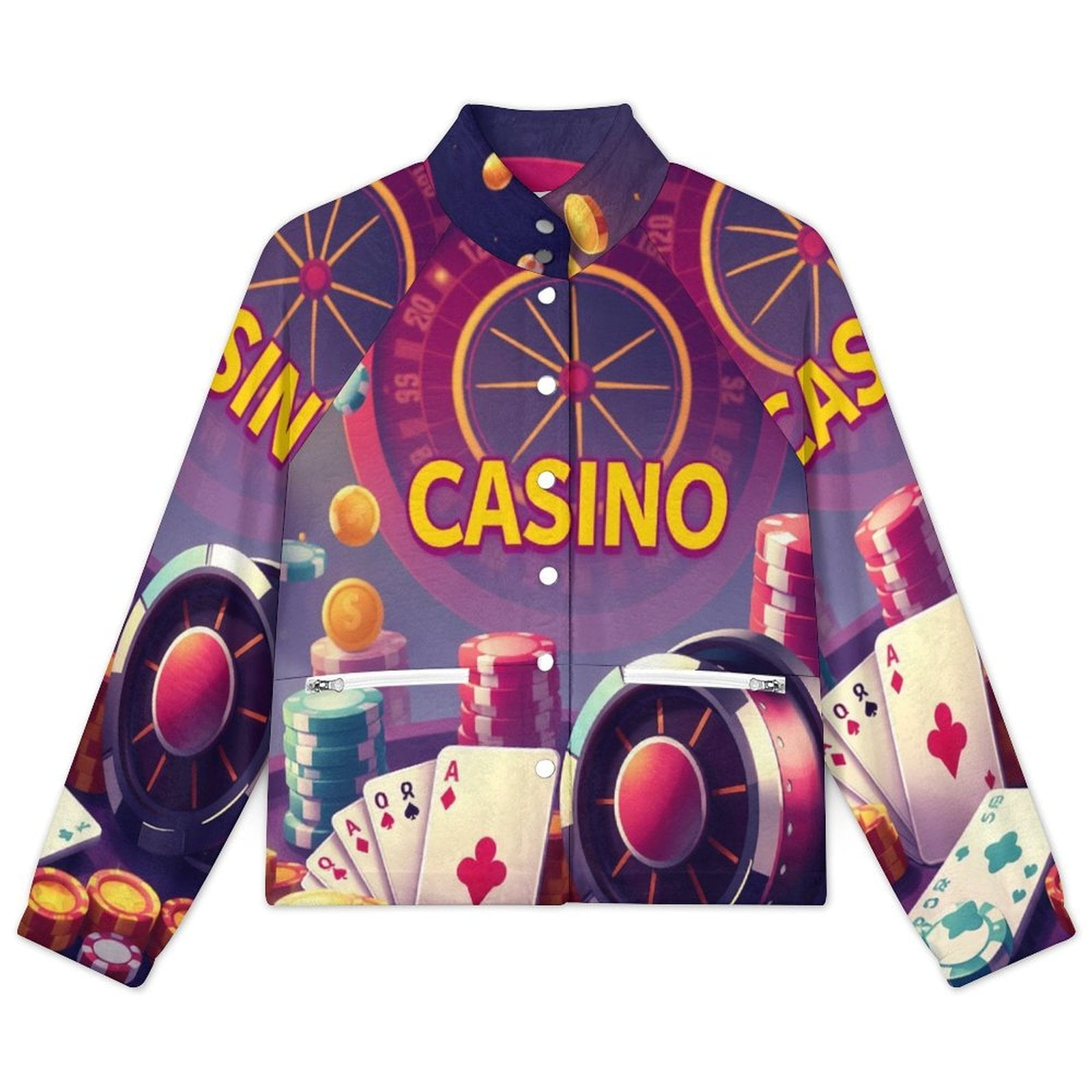 Casino Gambler Poker Pattern Warm Women's Plush Jacket Stand Collar ...