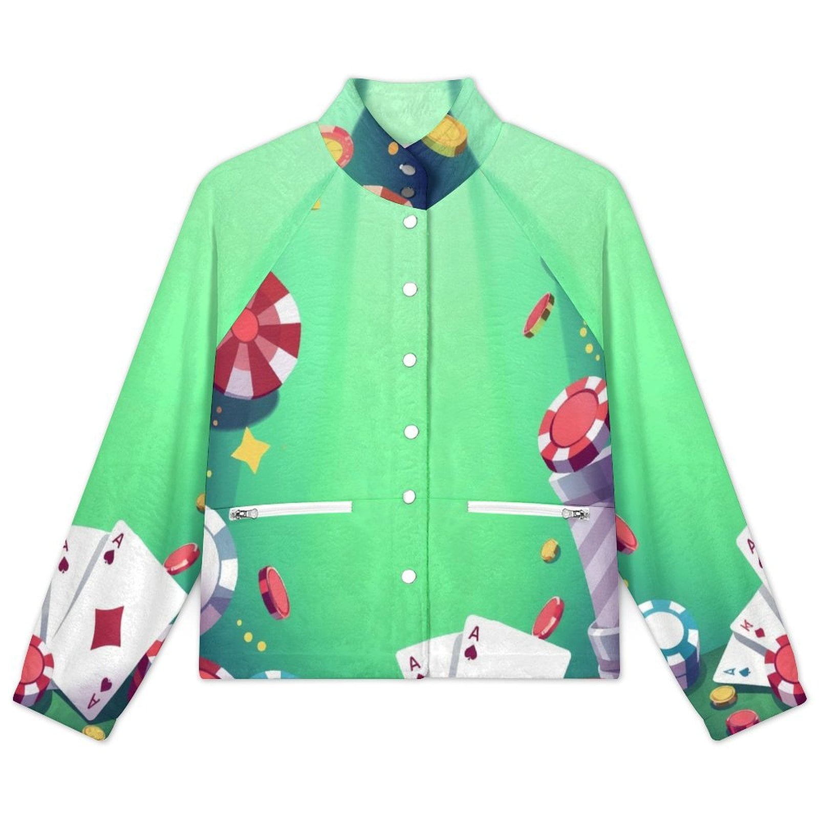 Casino Gambler Poker Pattern Warm Women's Plush Jacket Stand Collar ...