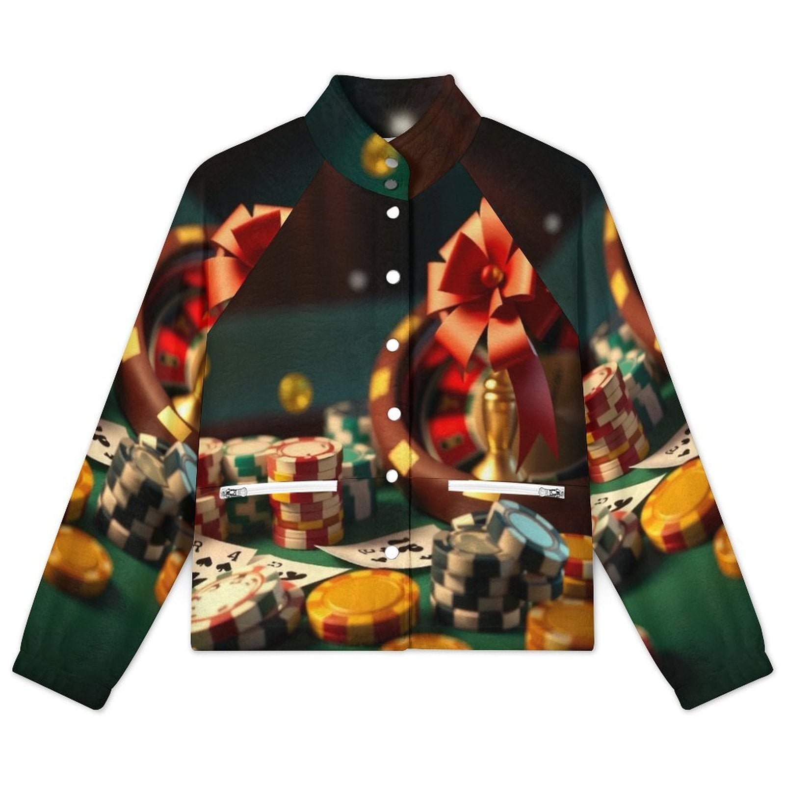 Casino Gambler Poker Pattern Warm Women's Plush Jacket Stand Collar ...