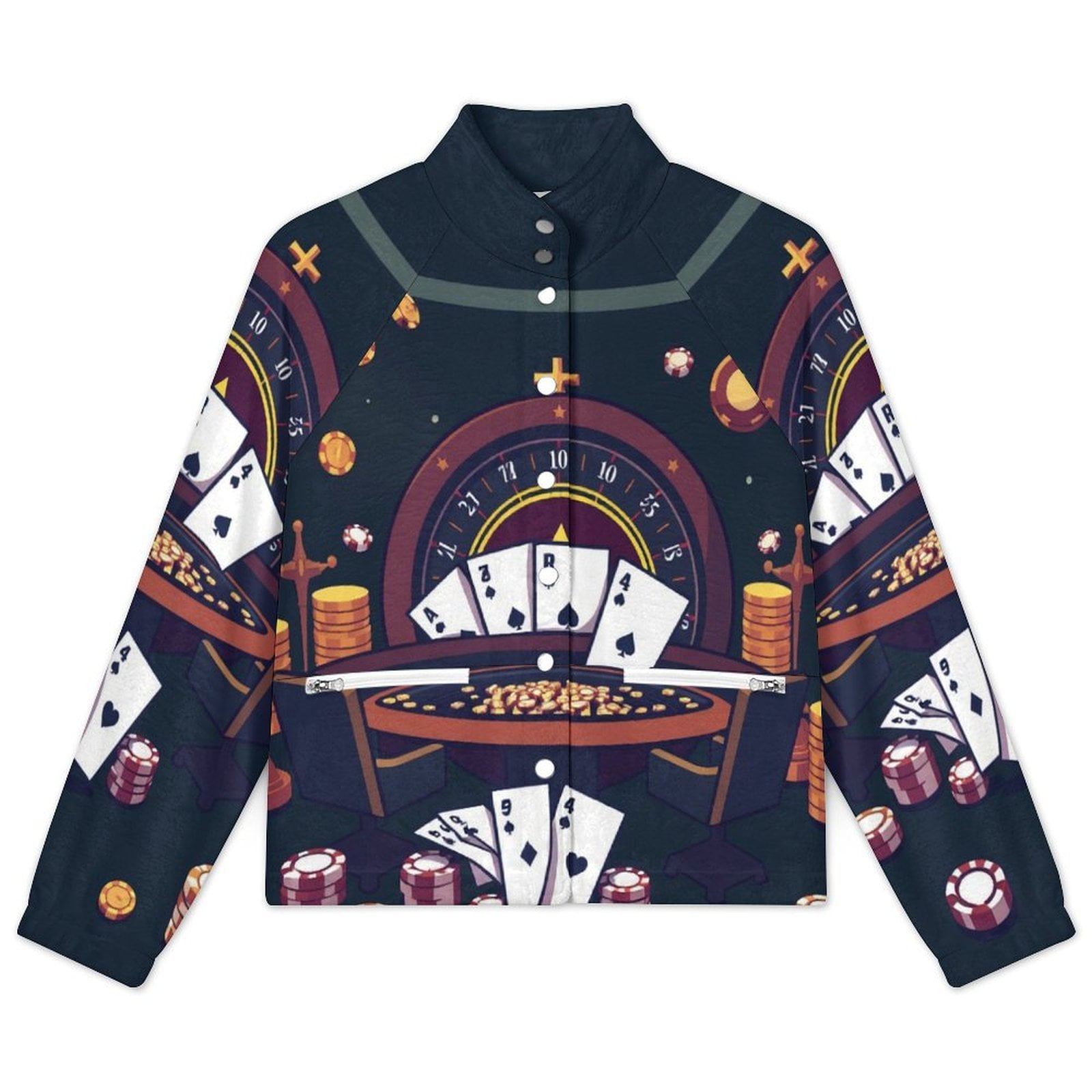 Casino Gambler Poker Pattern Warm Women's Plush Jacket Stand Collar ...