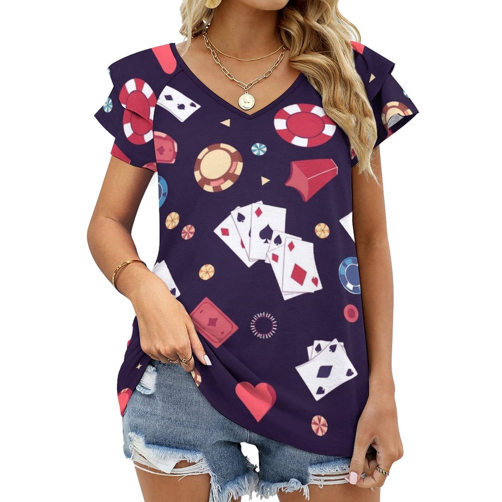 Casino Gambler Poker Pattern Women Lotus Leaf Neck Short Sleeve Top V ...