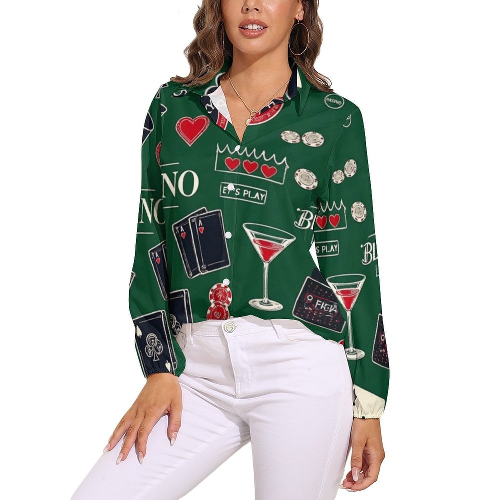 Casino Theme Gambling Symbols-1 Long Sleeve Blouse Woman Streetwear ...