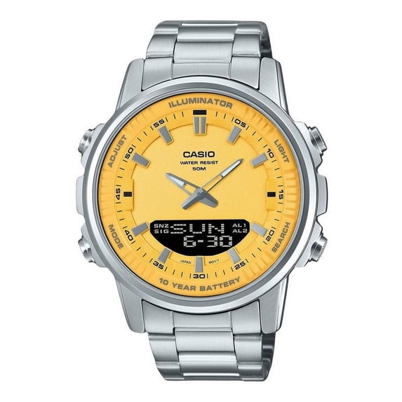 Casio Analog Digital Combination Stainless Steel Yellow Dial Quartz AMW ...