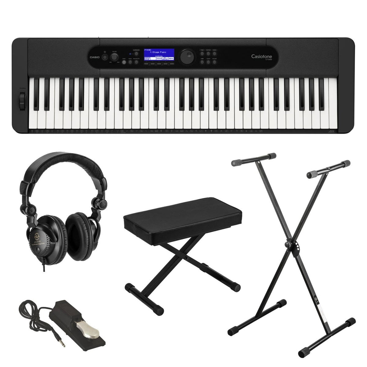 Casio Casiotone CT-S400 61-Key Piano Style Portable Keyboard, Black Bundle with Stand, Bench ...