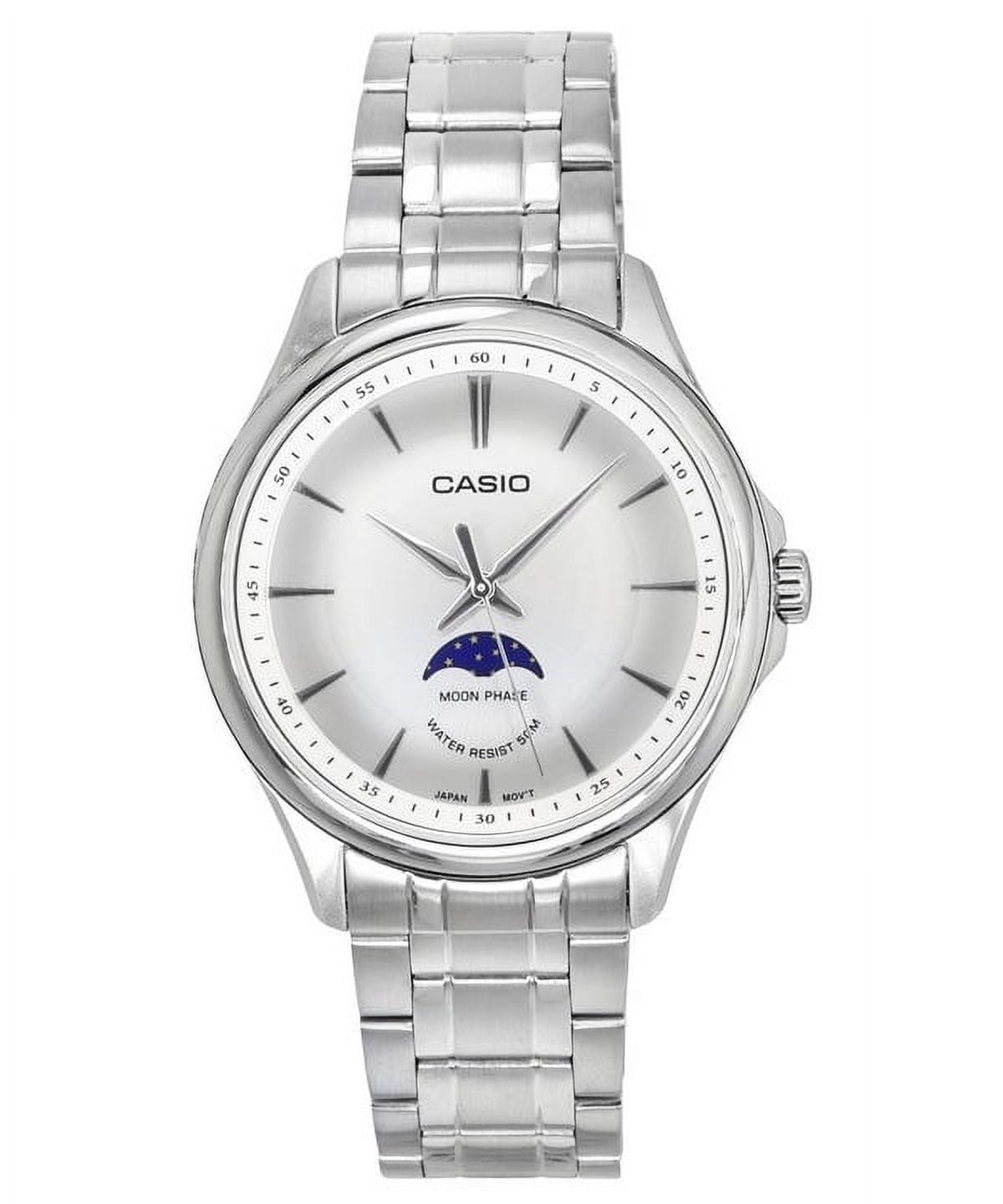 Casio Men's Stainless Steel Moon Phase Wristwatch, Silver Dial, Quartz ...