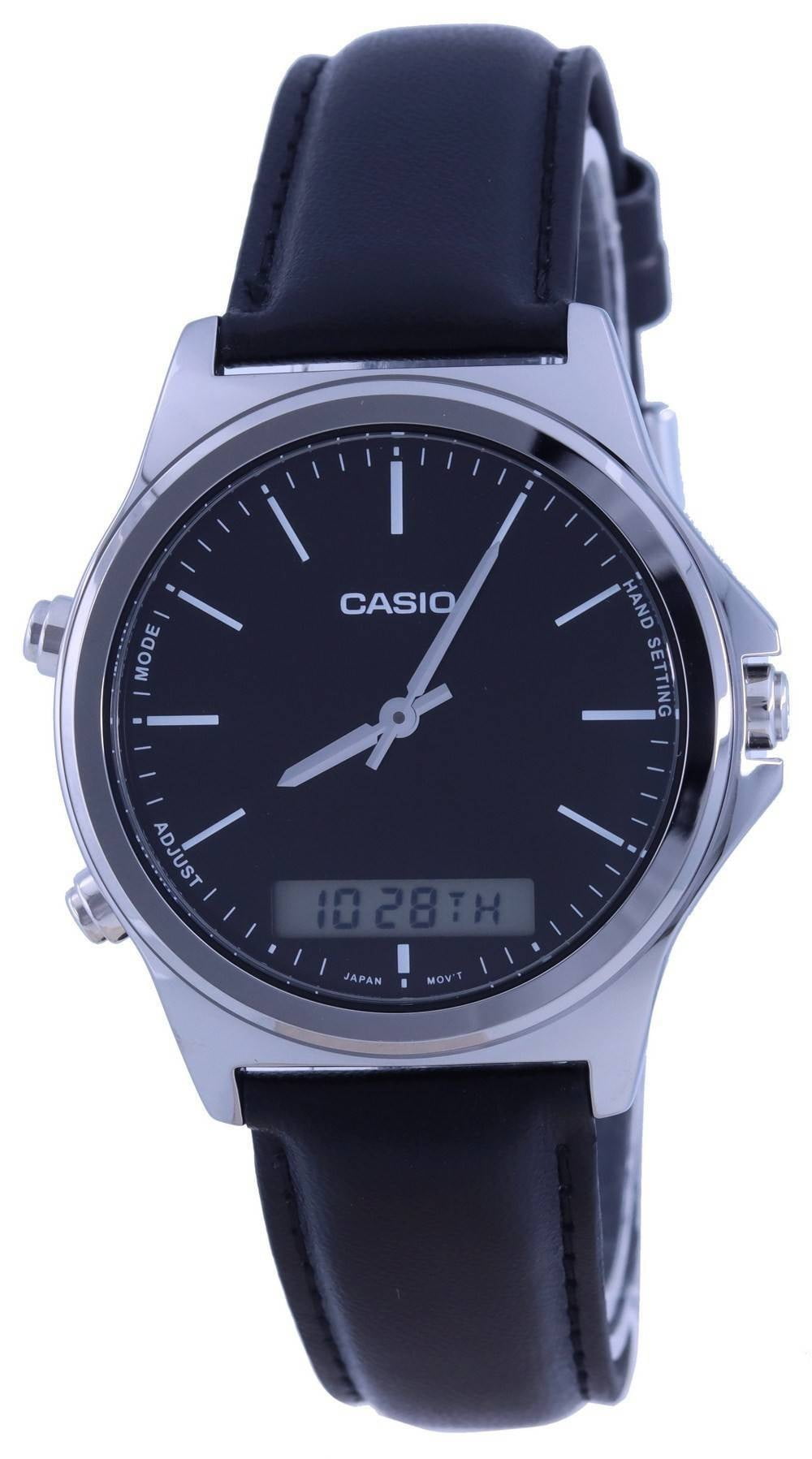 Casio Men's Ana-Digi Dual Time Stainless Steel/Black Leather Watch ...