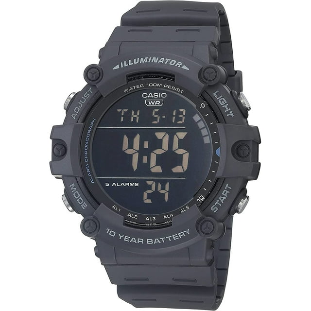 Casio Dual Time Men's Wide Face Black Digital Watch with Grey Resin ...