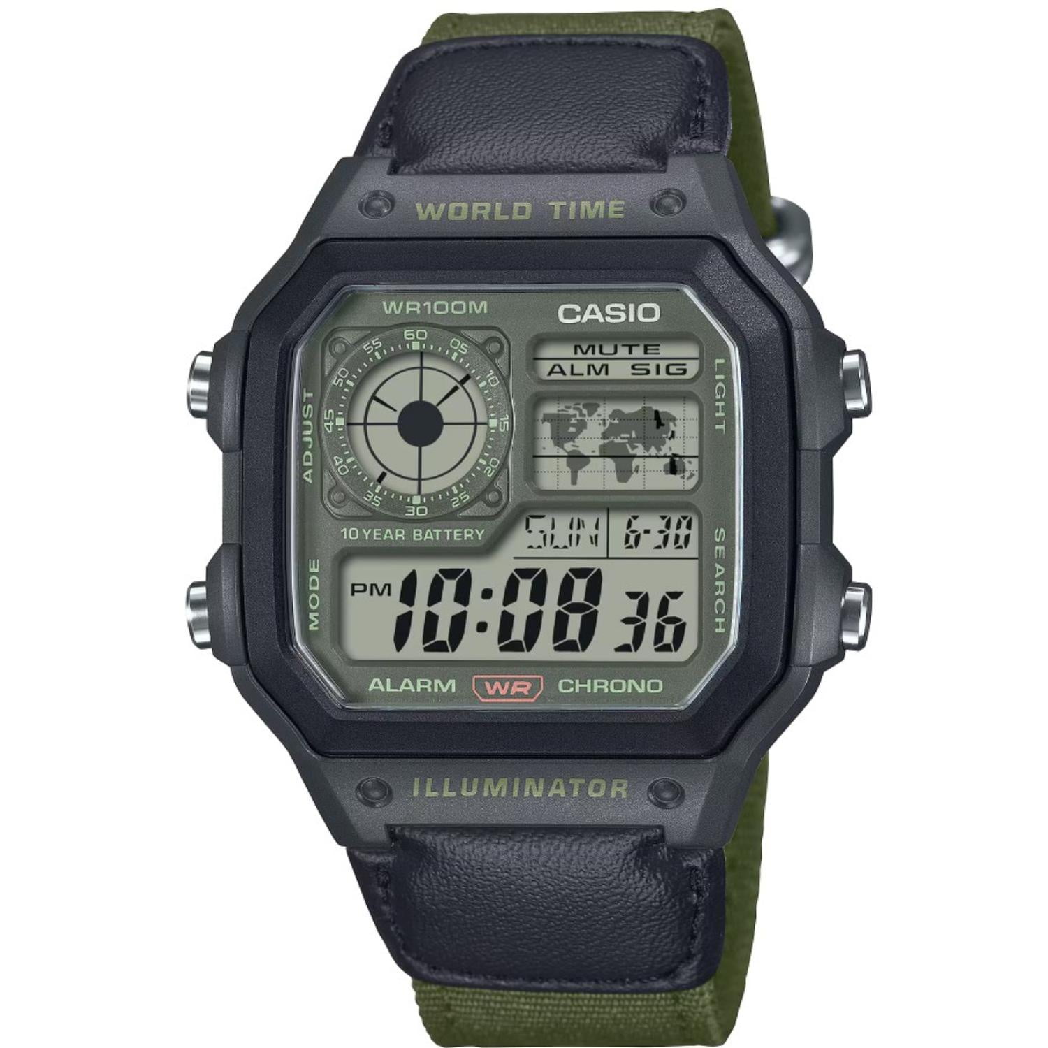 Casio Men's World Time Sport Watch, Green Strap - AE1200WHUB-3AV ...