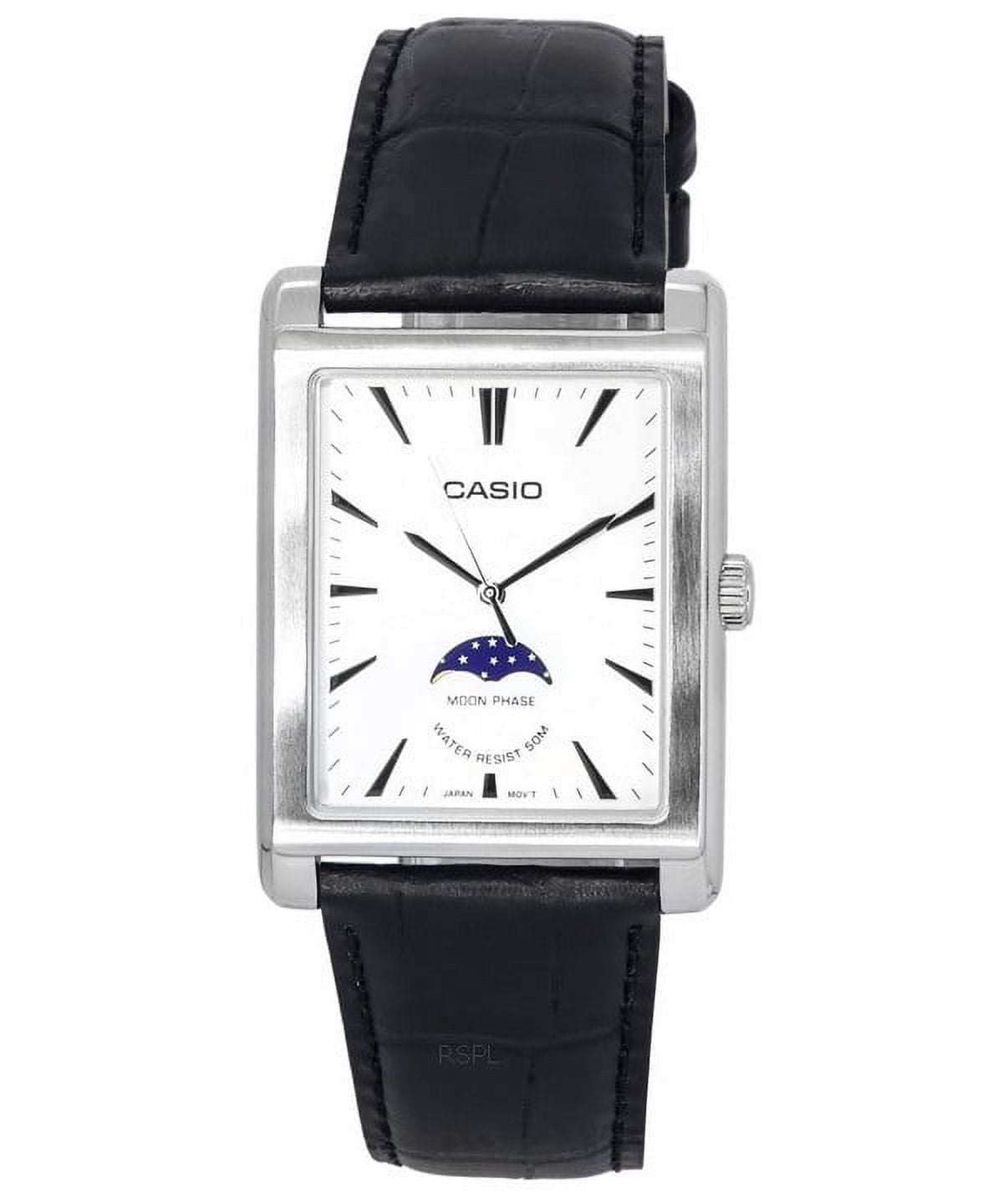 Casio Unisex Analog Watch, Leather Strap, Moon Phase, Silver Dial ...