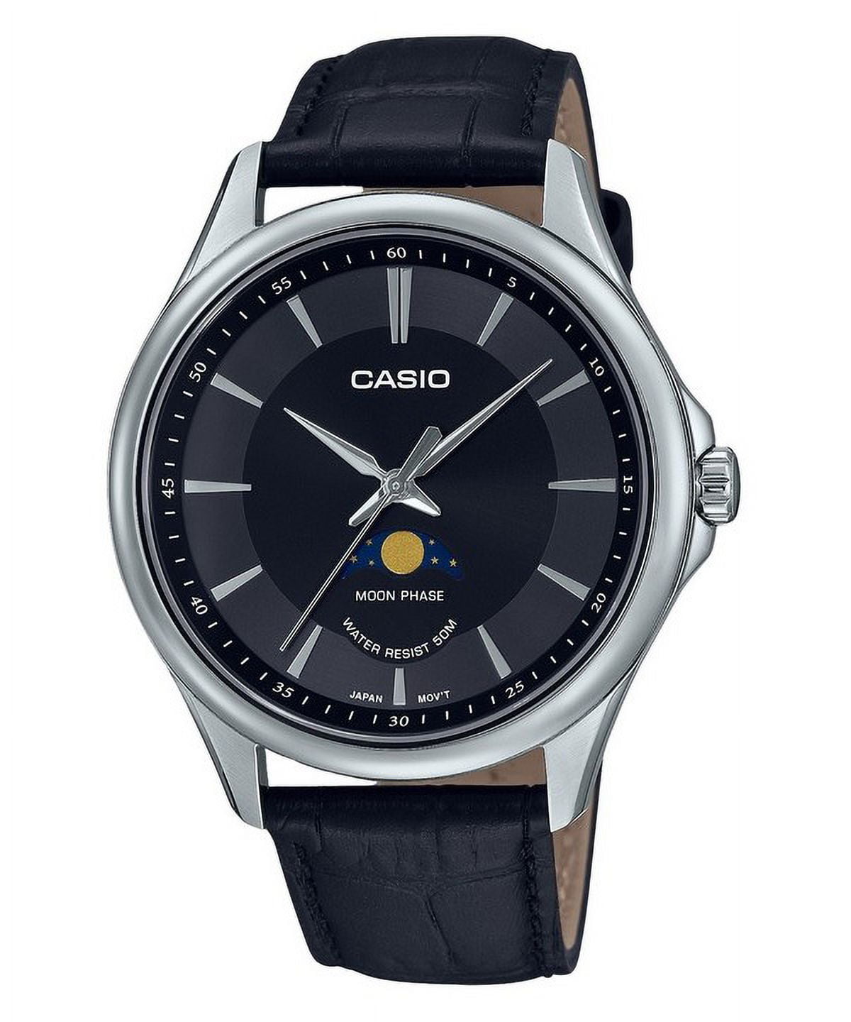 Casio Standard Analog Moon Phase Men's Watch, Stainless Steel, Leather ...