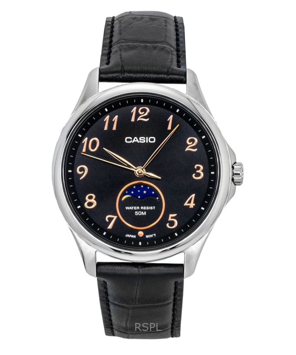 Casio Standard Analog Moon Phase Leather Strap Black Dial Quartz MTP ...