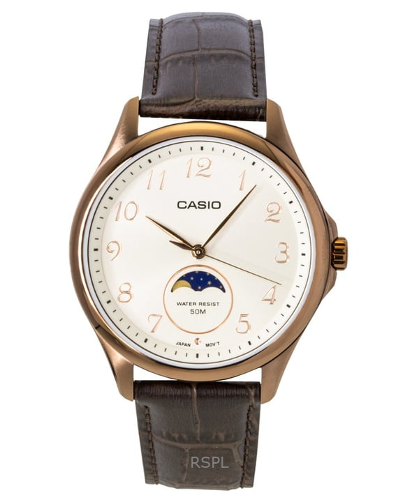Casio Standard Analog Moon Phase Leather Strap Ivory Dial Quartz MTP ...