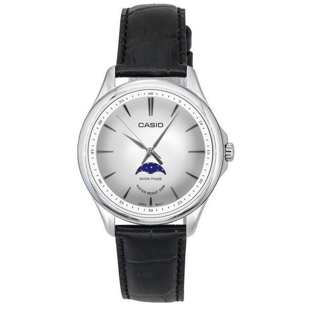 Casio Standard Analog Moon Phase Leather Strap Silver Dial Quartz MTP ...