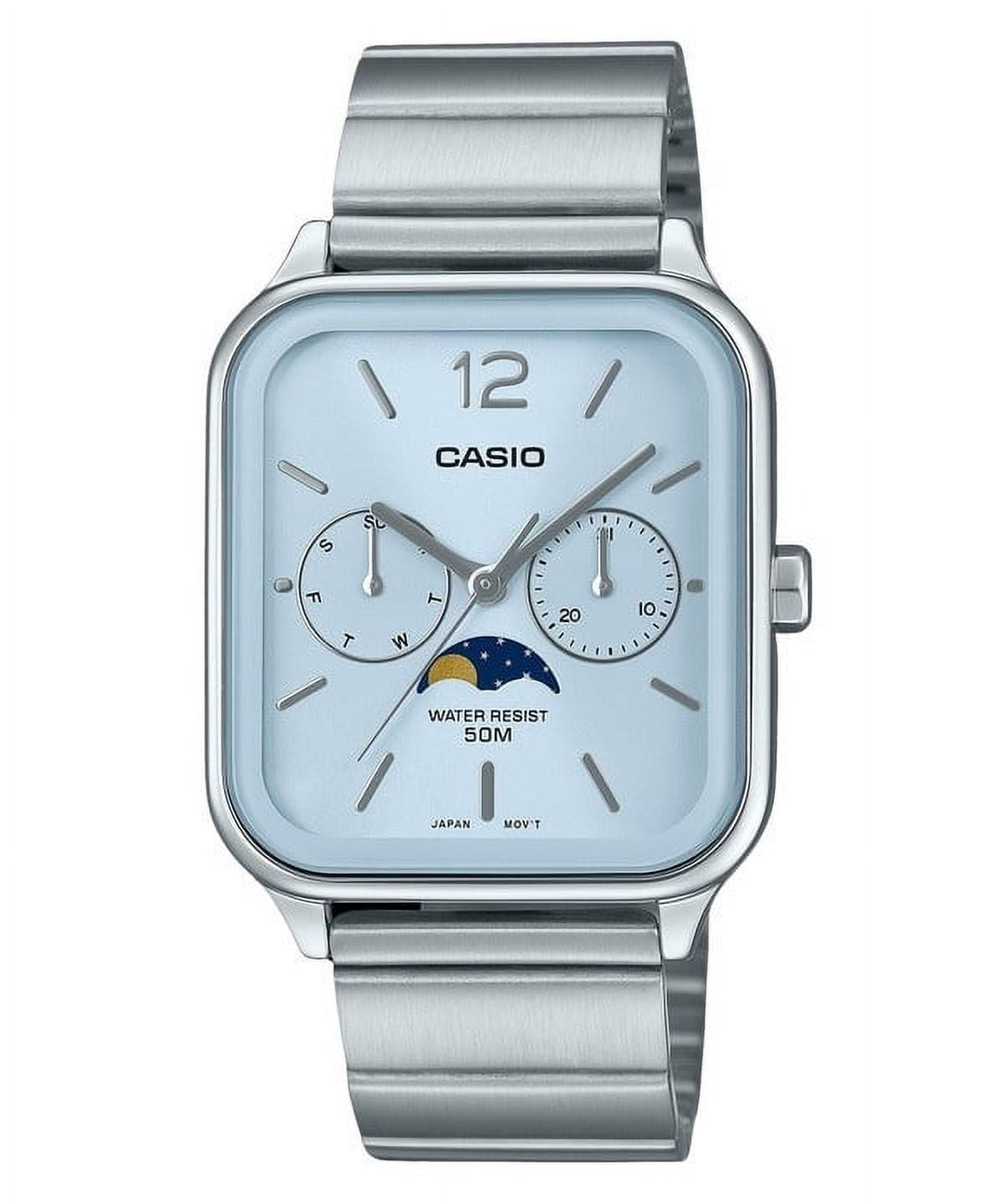 Casio Standard Analog Moon Phase Stainless Steel Baby Blue Dial Quartz ...
