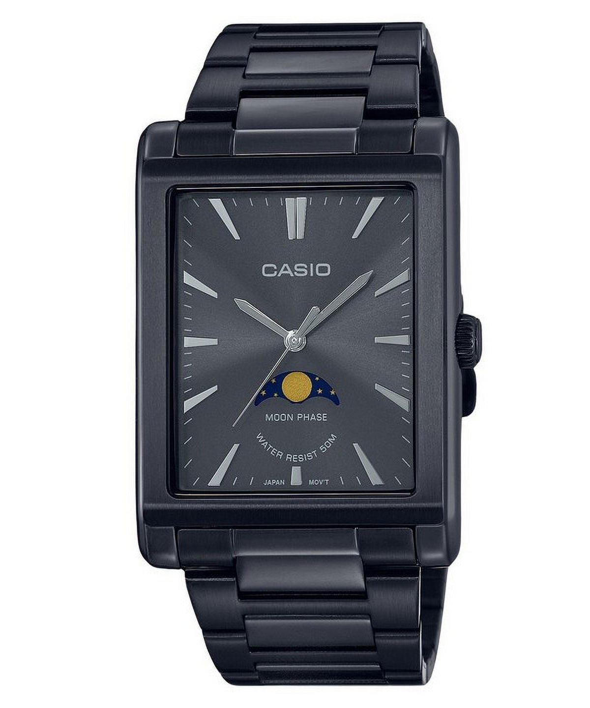 Casio Standard Analog Moon Phase Stainless Steel Black Dial Quartz MTP ...