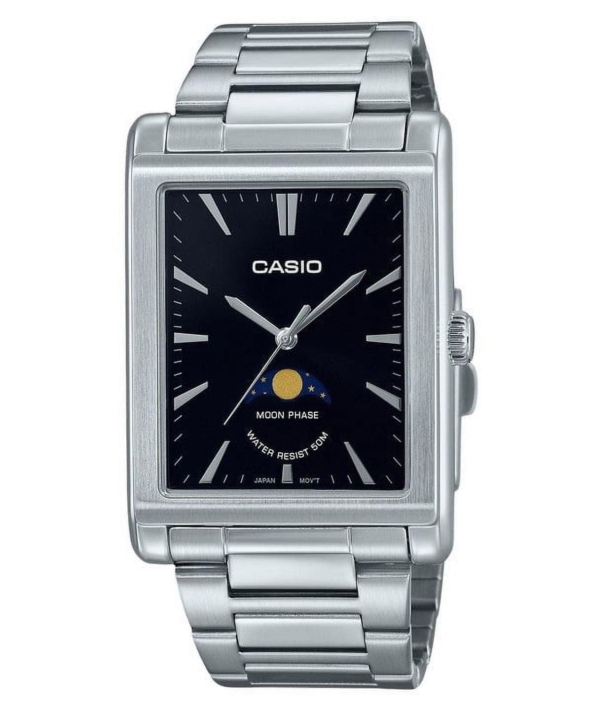 Casio Standard Analog Moon Phase Stainless Steel Black Dial Quartz MTP ...