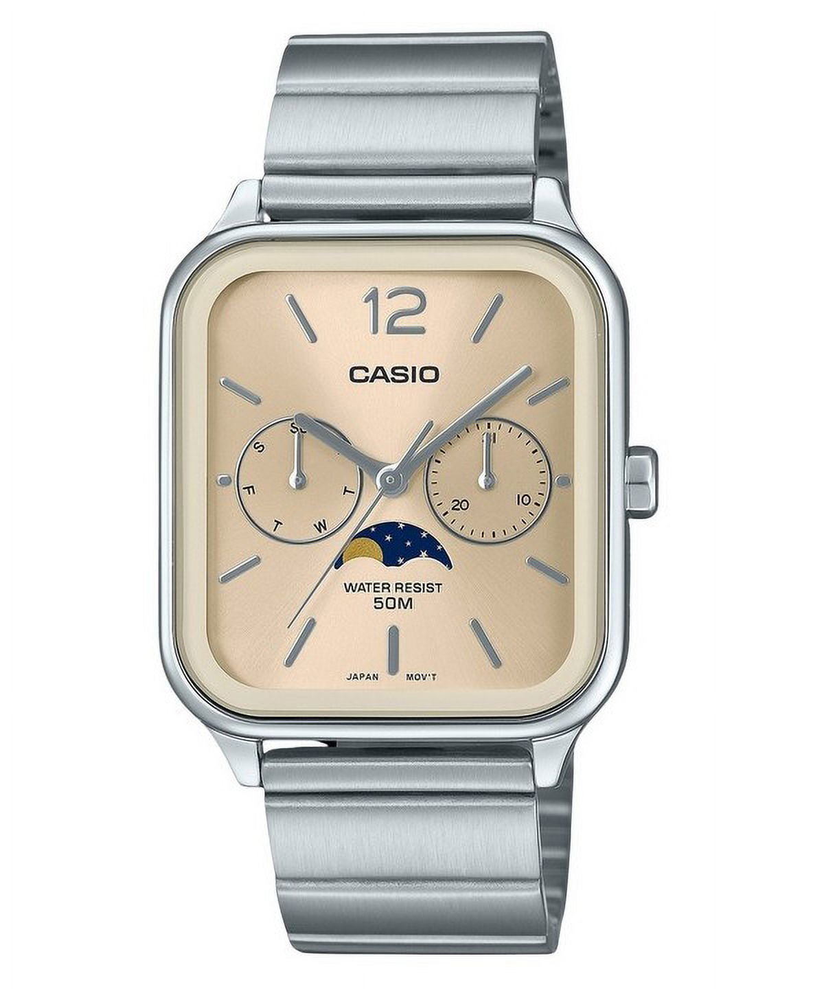 Casio Standard Analog Moon Phase Stainless Steel Champagne Dial Quartz ...