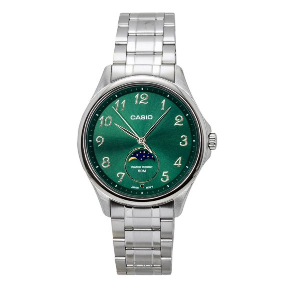 Casio Standard Analog Moon Phase Stainless Steel Green Dial Quartz MTP ...