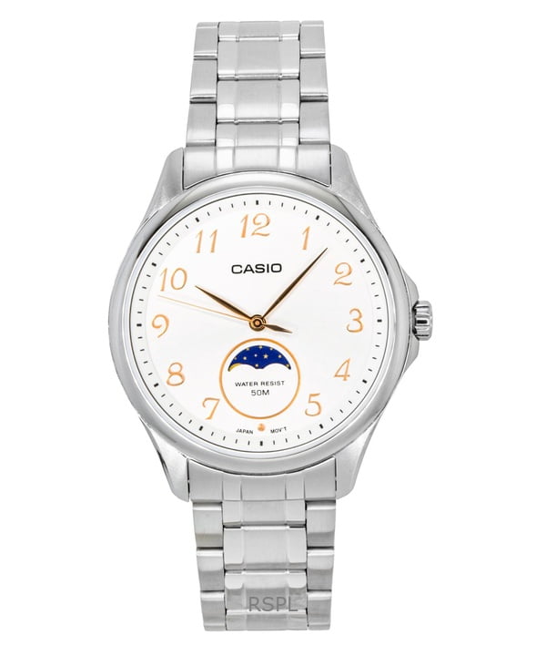 Casio Standard Analog Moon Phase Stainless Steel White Dial Quartz MTP ...