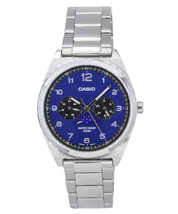 Casio Standard Analog Stainless Steel Moon Phase Blue Dial Quartz MTP ...