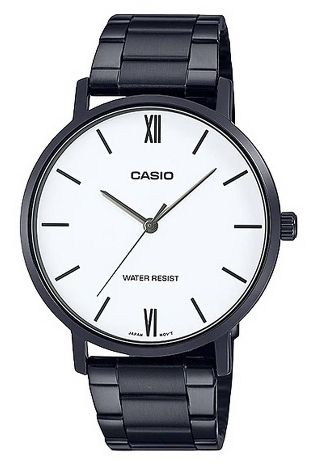 Casio Men’s Black Stainless Steel Watch with White Dial - MTP-VT01B ...