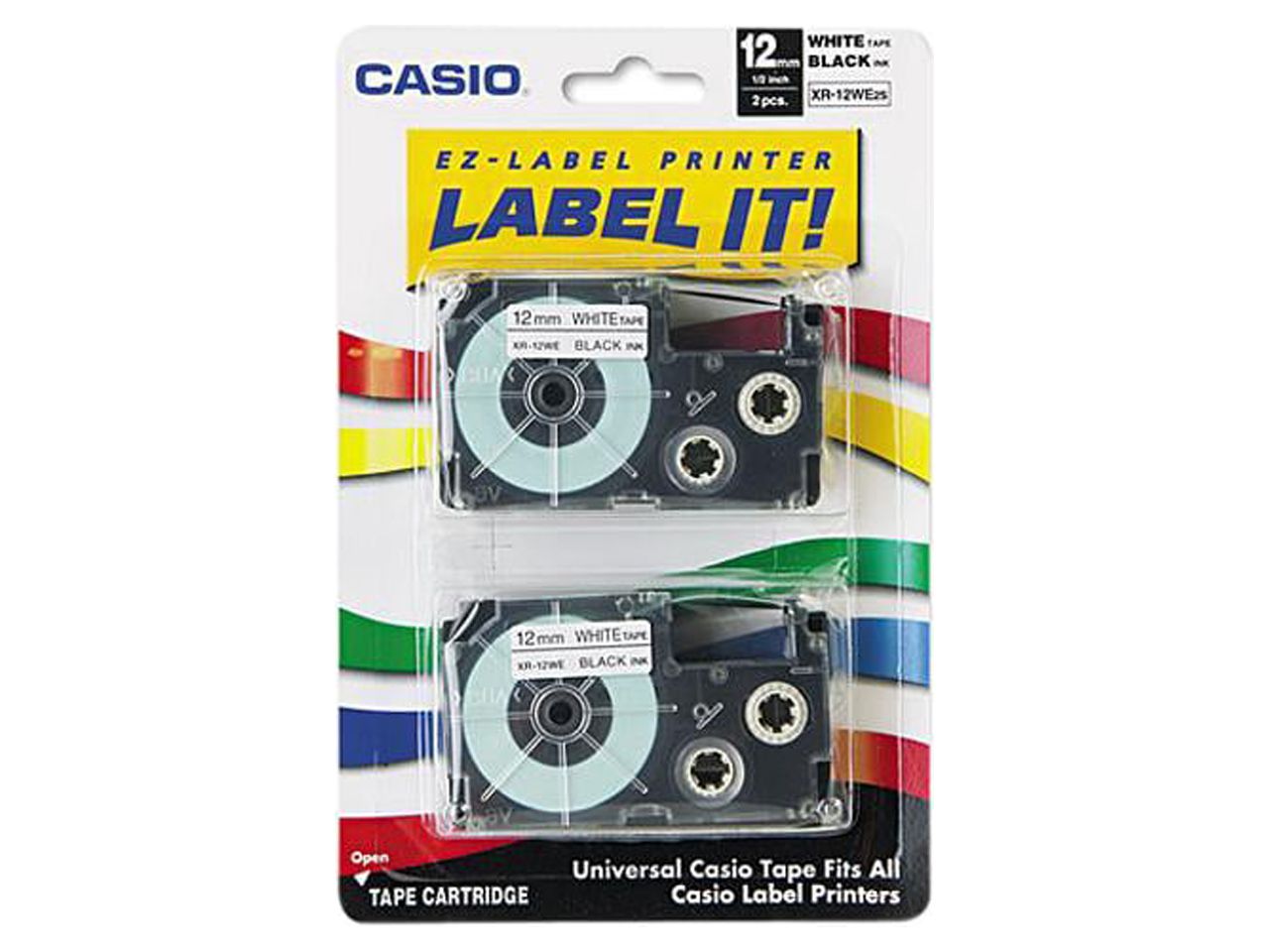 Casio XR12WE2S Tape Cassettes for KL Label Makers, 12mm x 26ft, Black ...