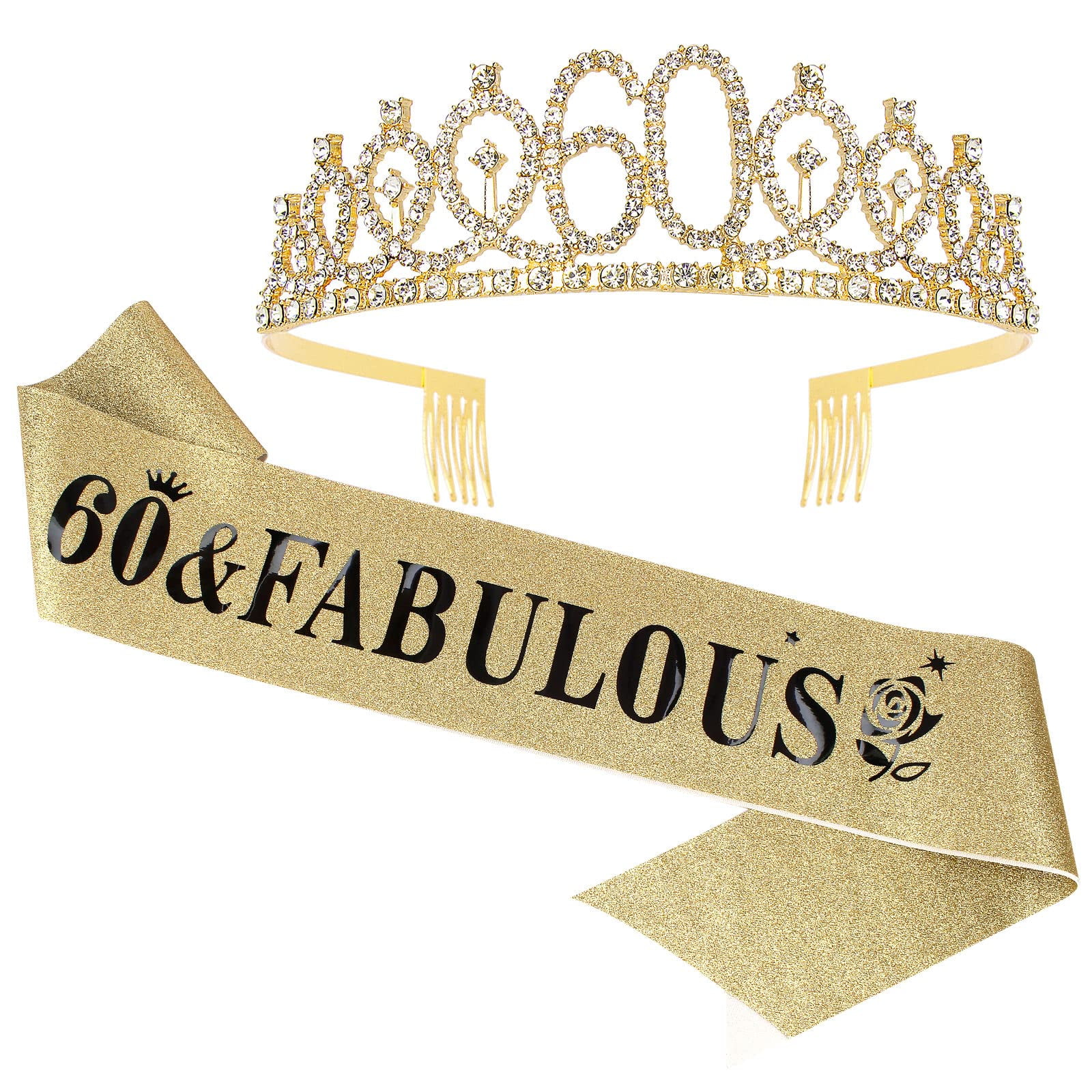 Casoty 60th Birthday Sash and Tiara AIS1 for Women, Gold Crown 60 and Fabulous Sash & Crown Set ...