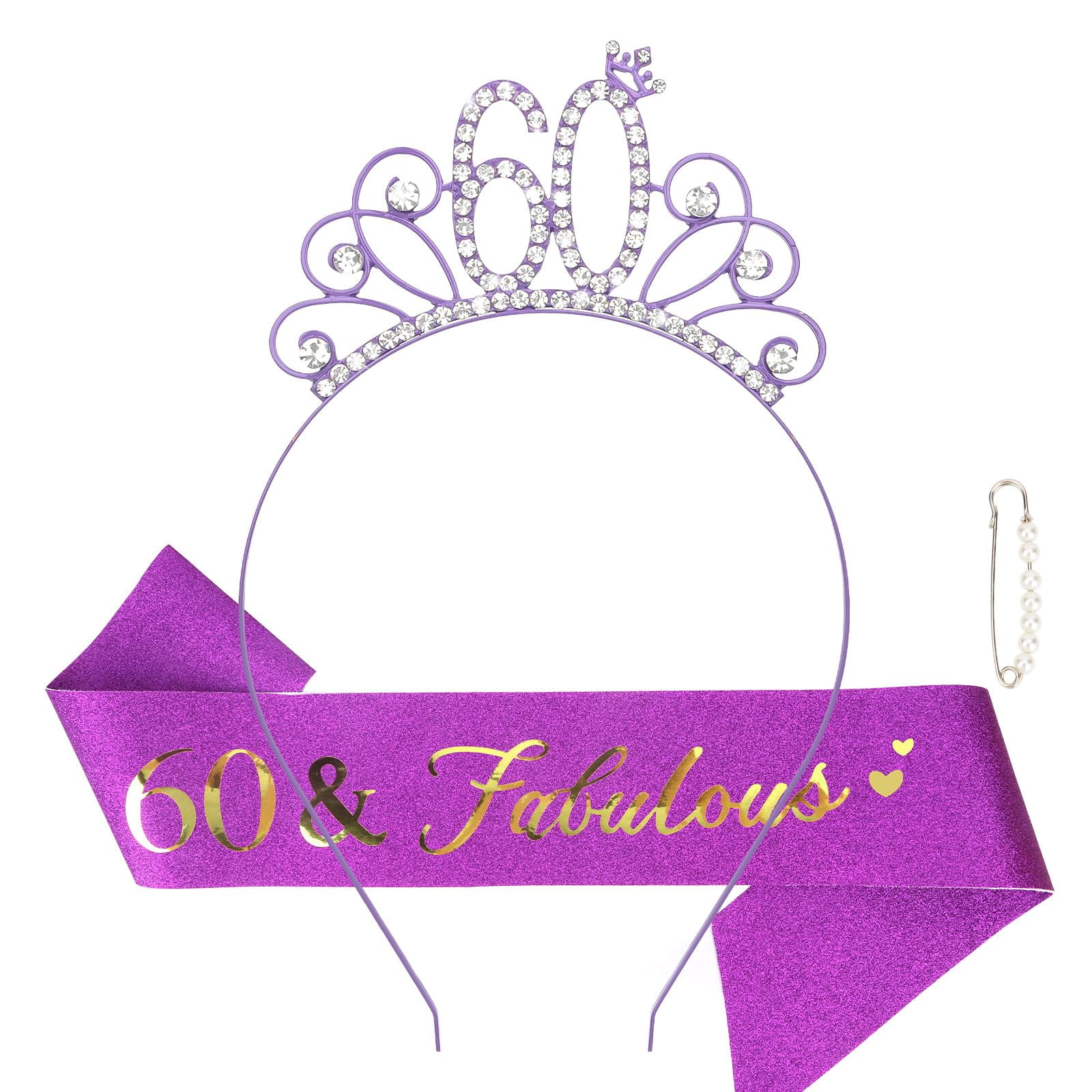 Casoty Purple 60th Birthday Sash and BSL1 Tiara for Women, 60th Birthday Decorations for Women ...