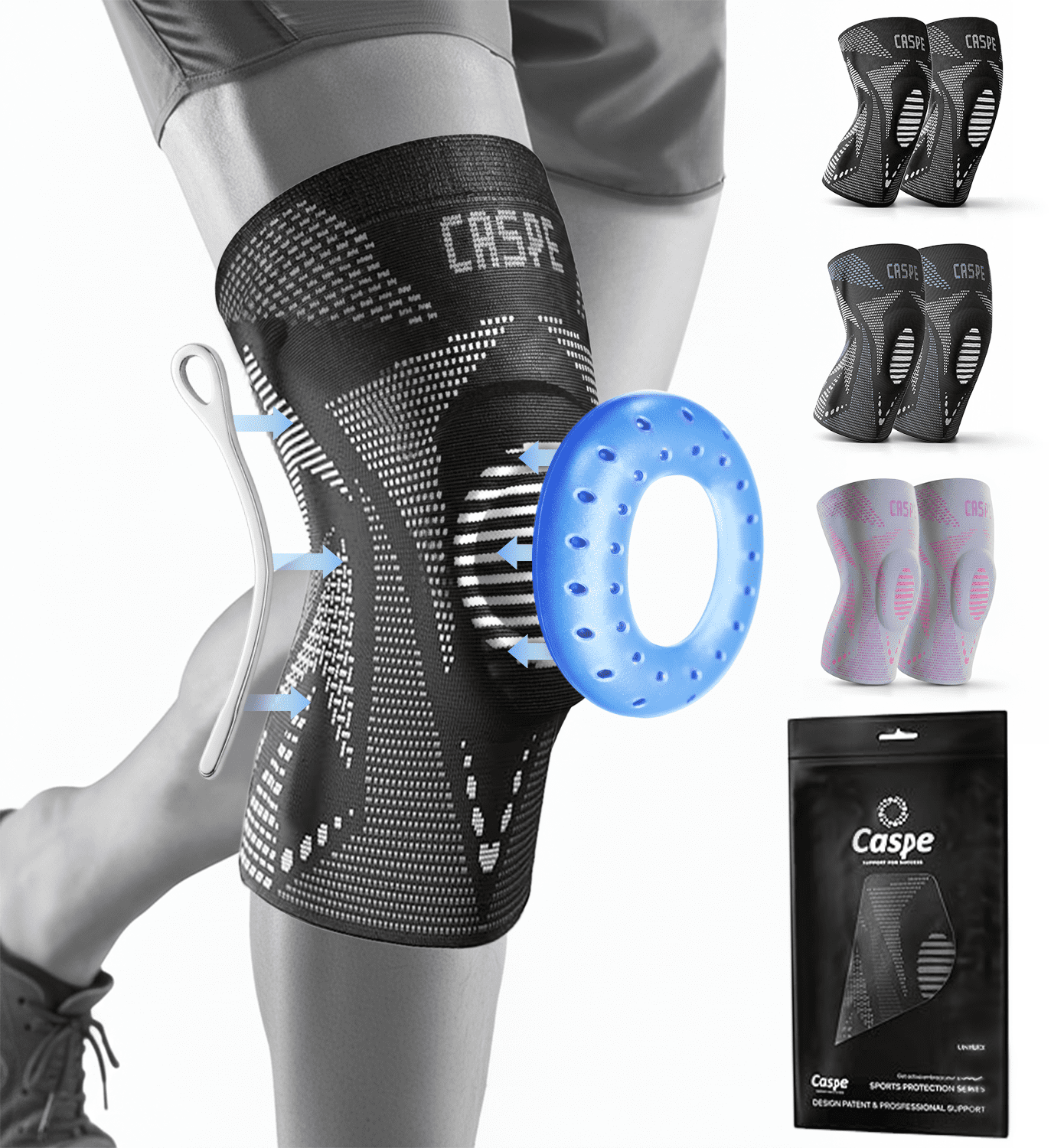 Caspe 1 Pack Compression Knee Brace with Patella Gel Pad & Side ...