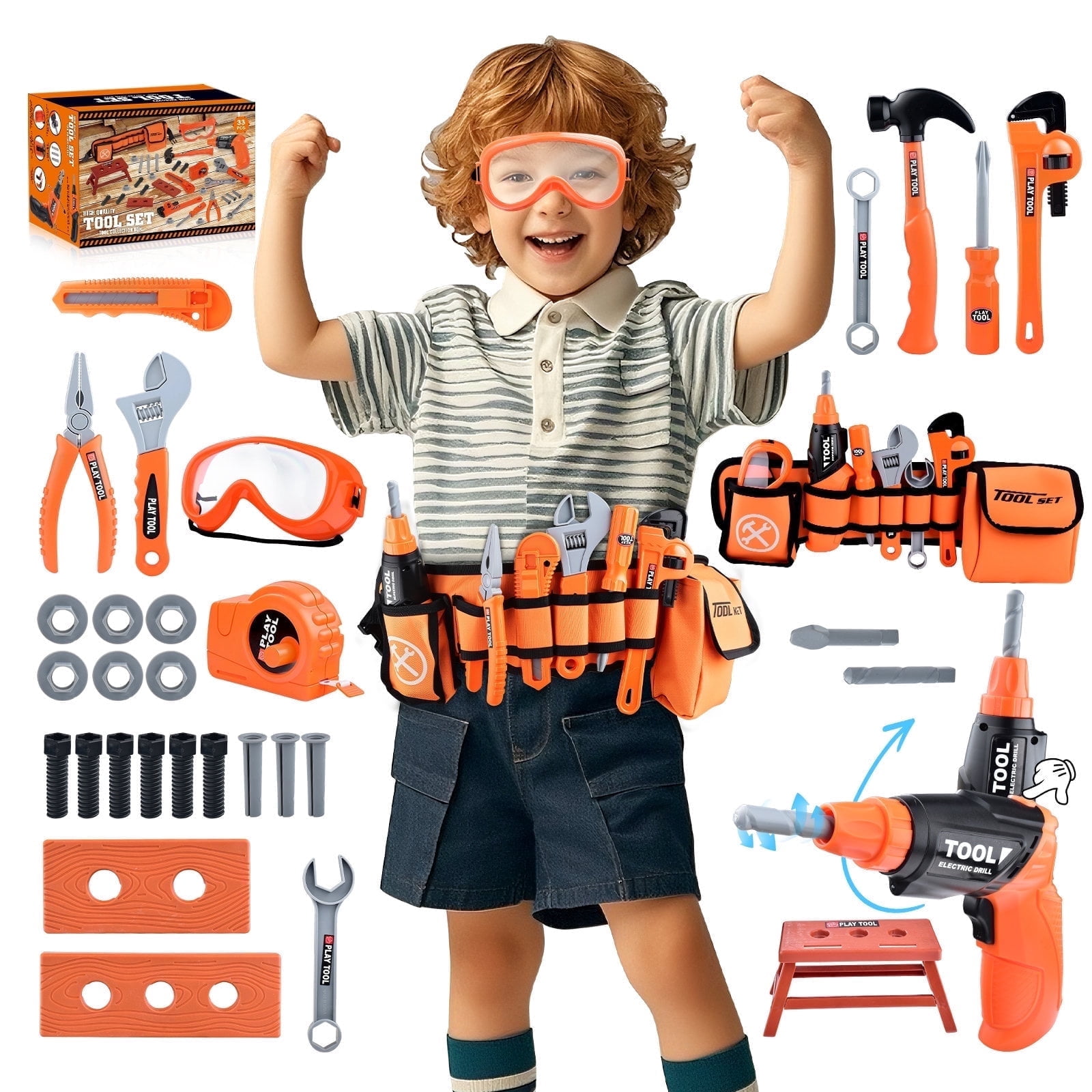 Casrra Kids Tool Set with Belt & Electronic Drill, 33Pcs for Ages 3 ...