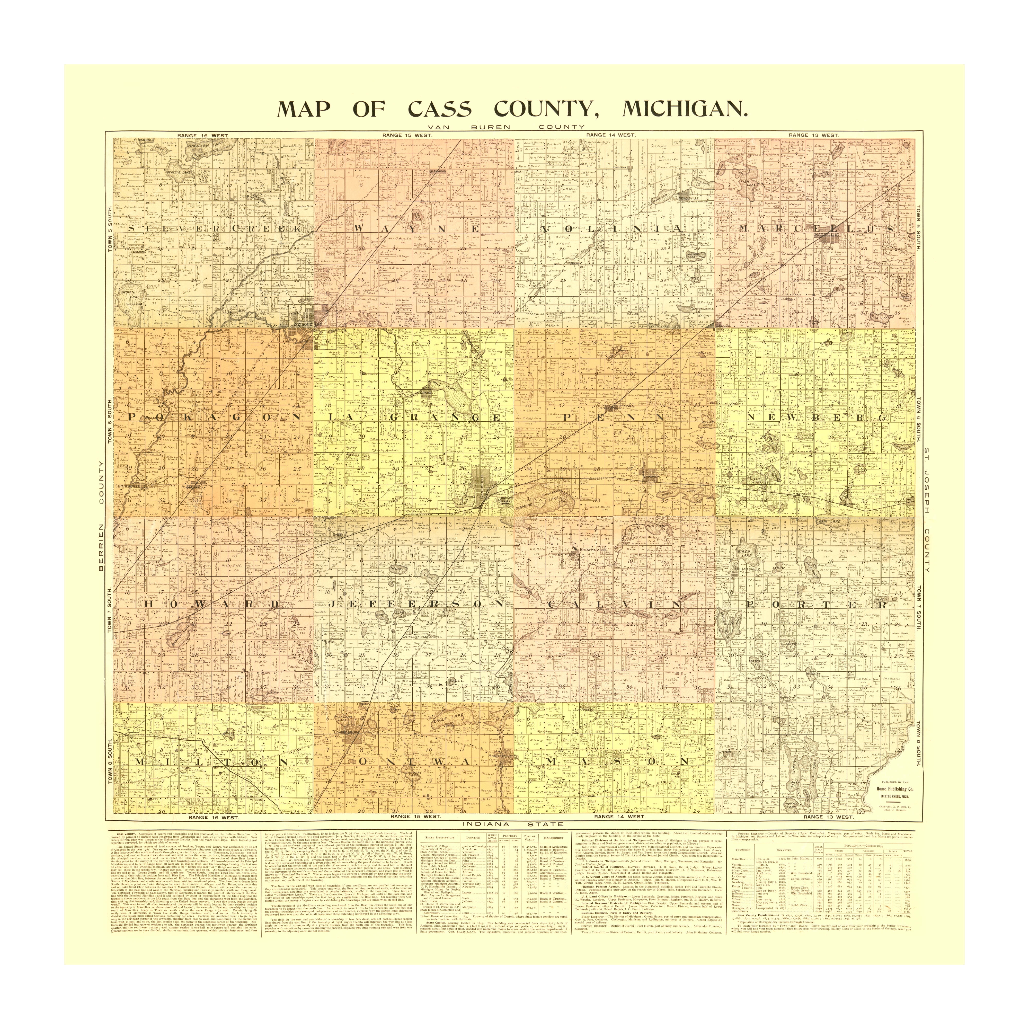 Cass County Michigan Art, 1897 Vintage Map of Cass County MI History ...