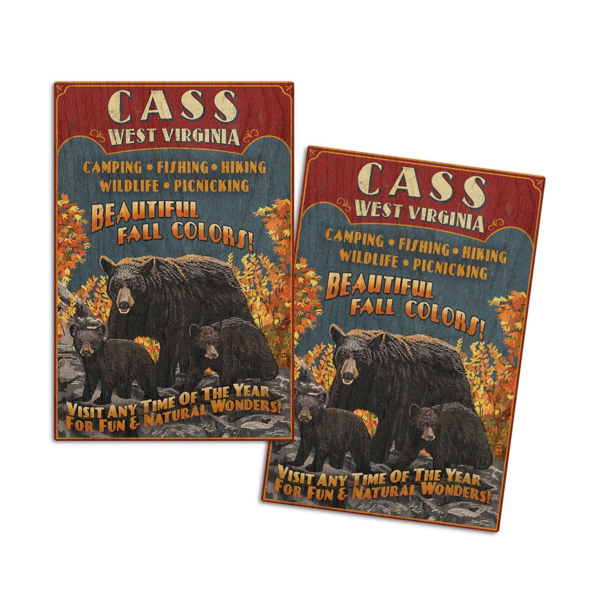 Cass, West Virginia, Black Bear Family, Vintage Sign (4x6 Birch Wood ...