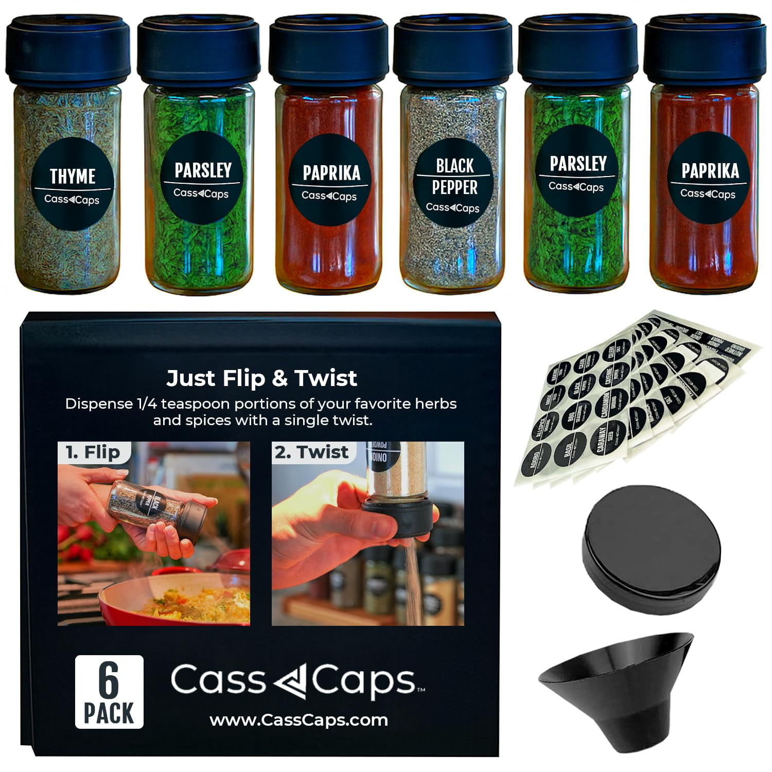 CassCaps Glass Spice Jars & Measuring Cap Set - Twist Dispense 1/4 Tsp ...