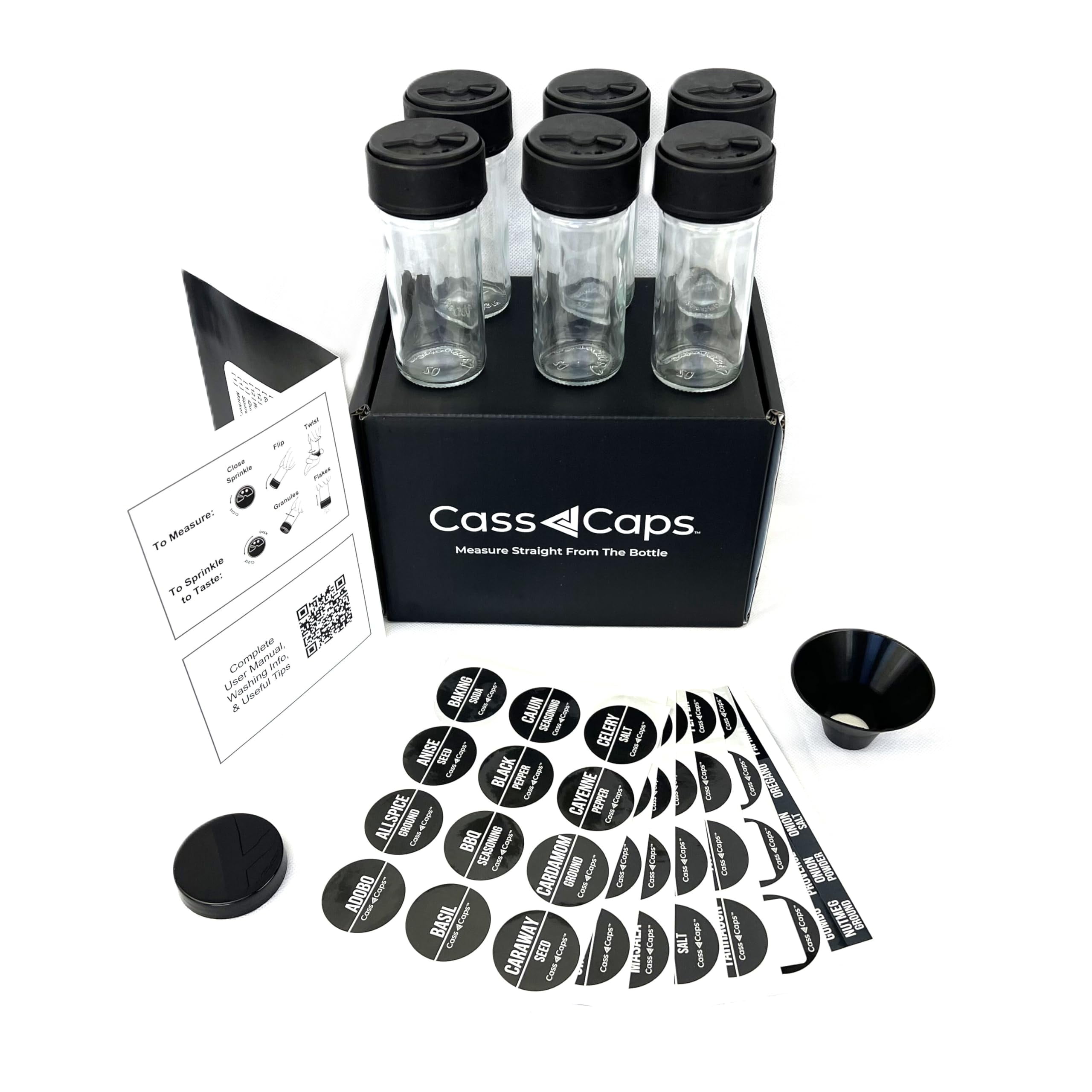CassCaps Glass Spice Jars & Measuring Caps Set - Twist Cap Measures 1/4 ...