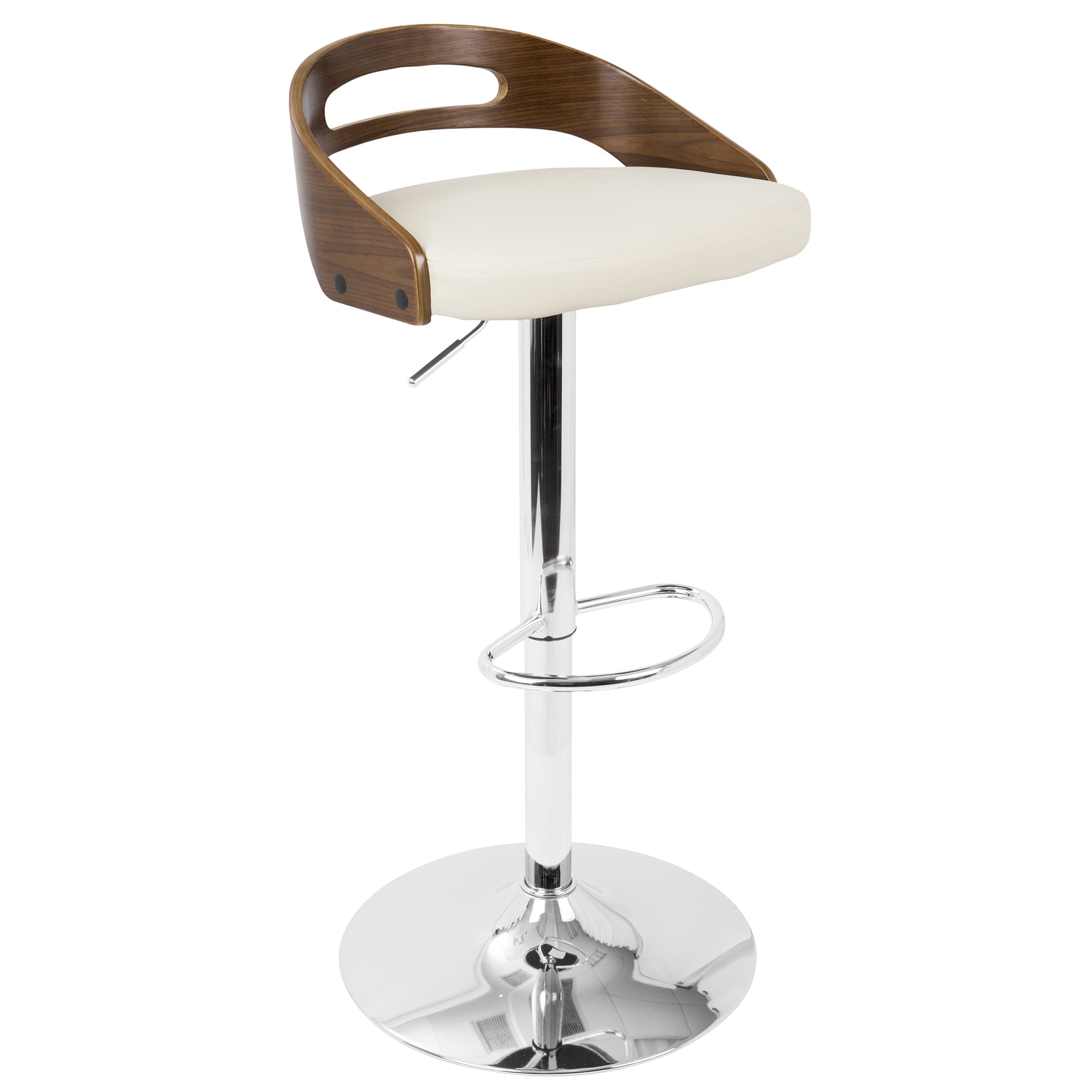 LumiSource Cassis Mid-Century Modern Barstool, Walnut Wood, Cream Faux ...