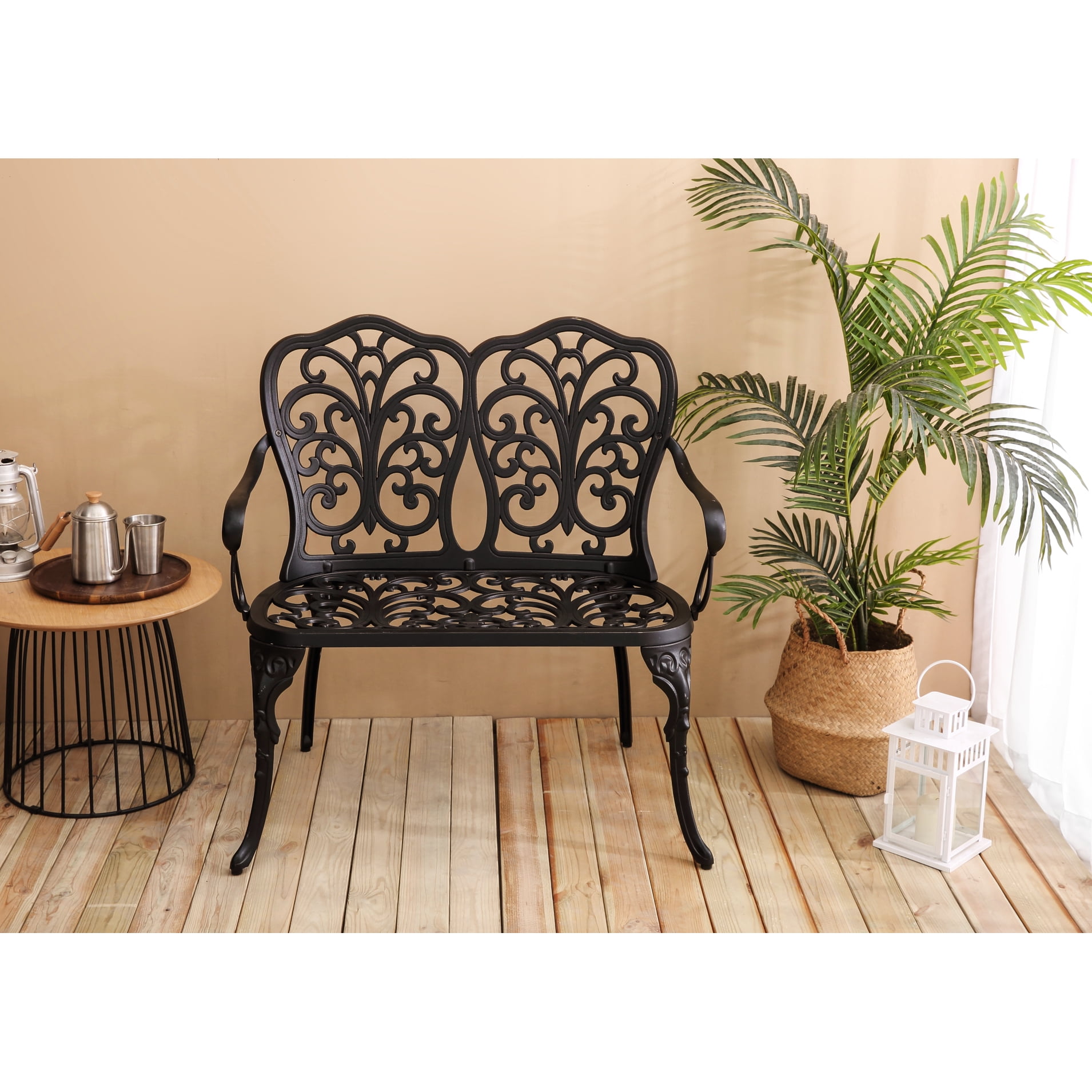 Cast Aluminum Bench With Floral Accent For A Stylish Patio - Black Seat ...